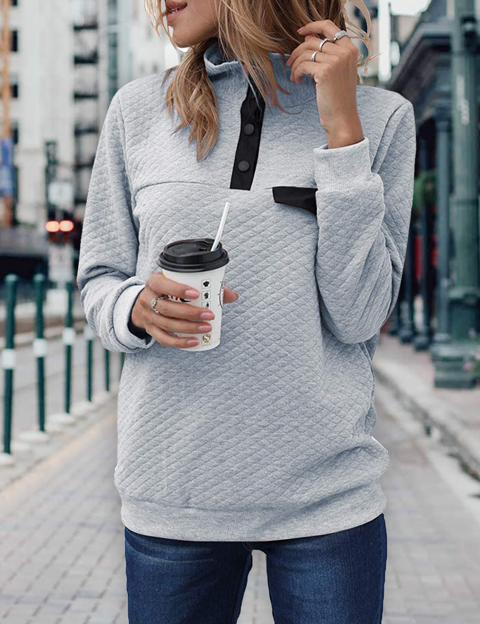 BTFBM Women Fashion Quilted Pattern Lightweight Zipper Long Sleeve Plain Casual Ladies Sweatshirts Pullovers Shirts Tops (Pure Grey, X-Large)