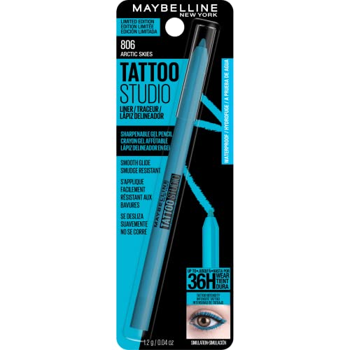 Maybelline New York Tattoo Studio Long-Lasting Sharpenable Eyeliner Pencil, Glide on Smooth Gel Pigments with 36 Hour Wear, Waterproof, Arctic Skies, 0.04 oz