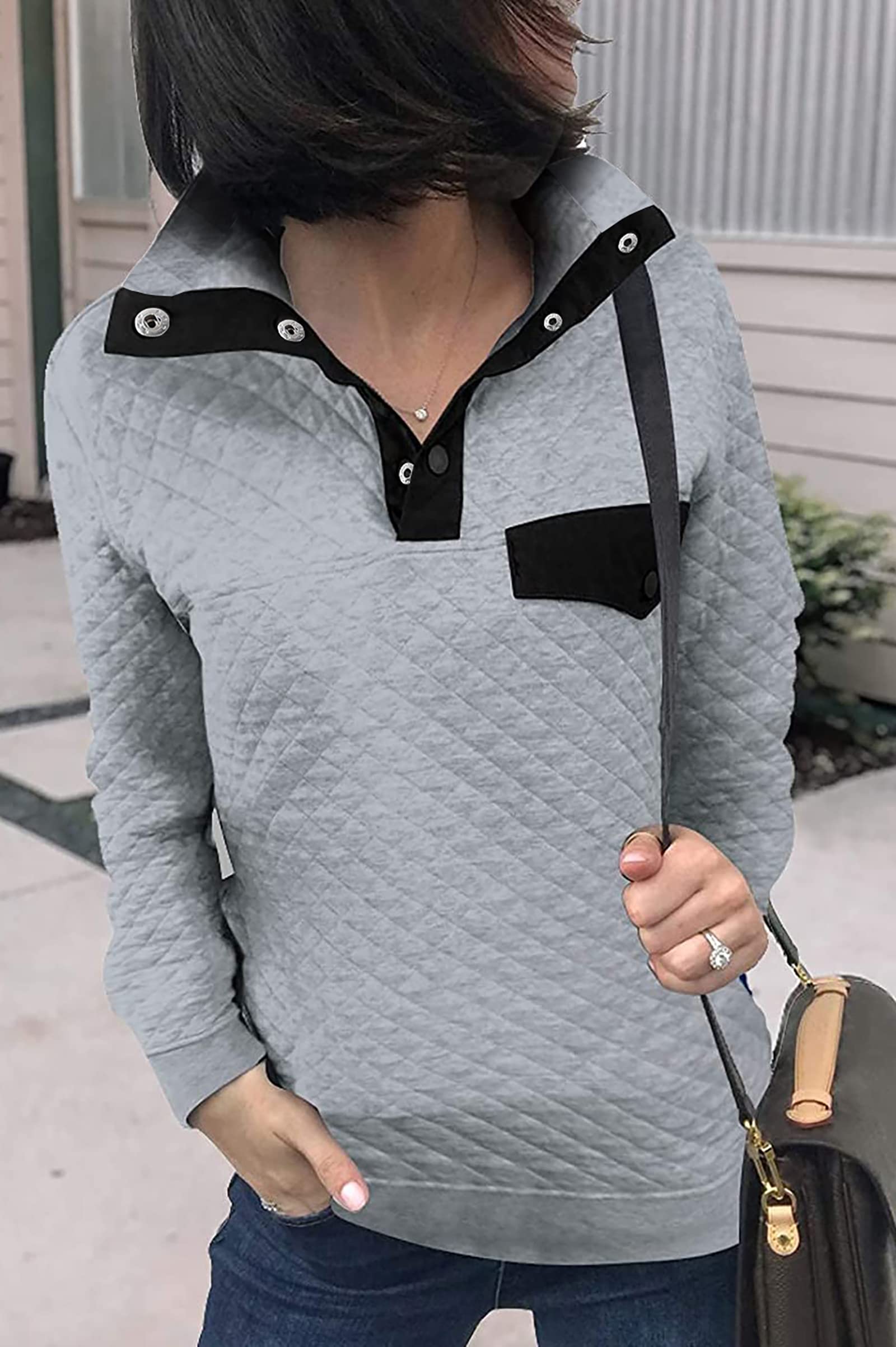 BTFBM Women Fashion Quilted Pattern Lightweight Zipper Long Sleeve Plain Casual Ladies Sweatshirts Pullovers Shirts Tops (Pure Grey, X-Large)
