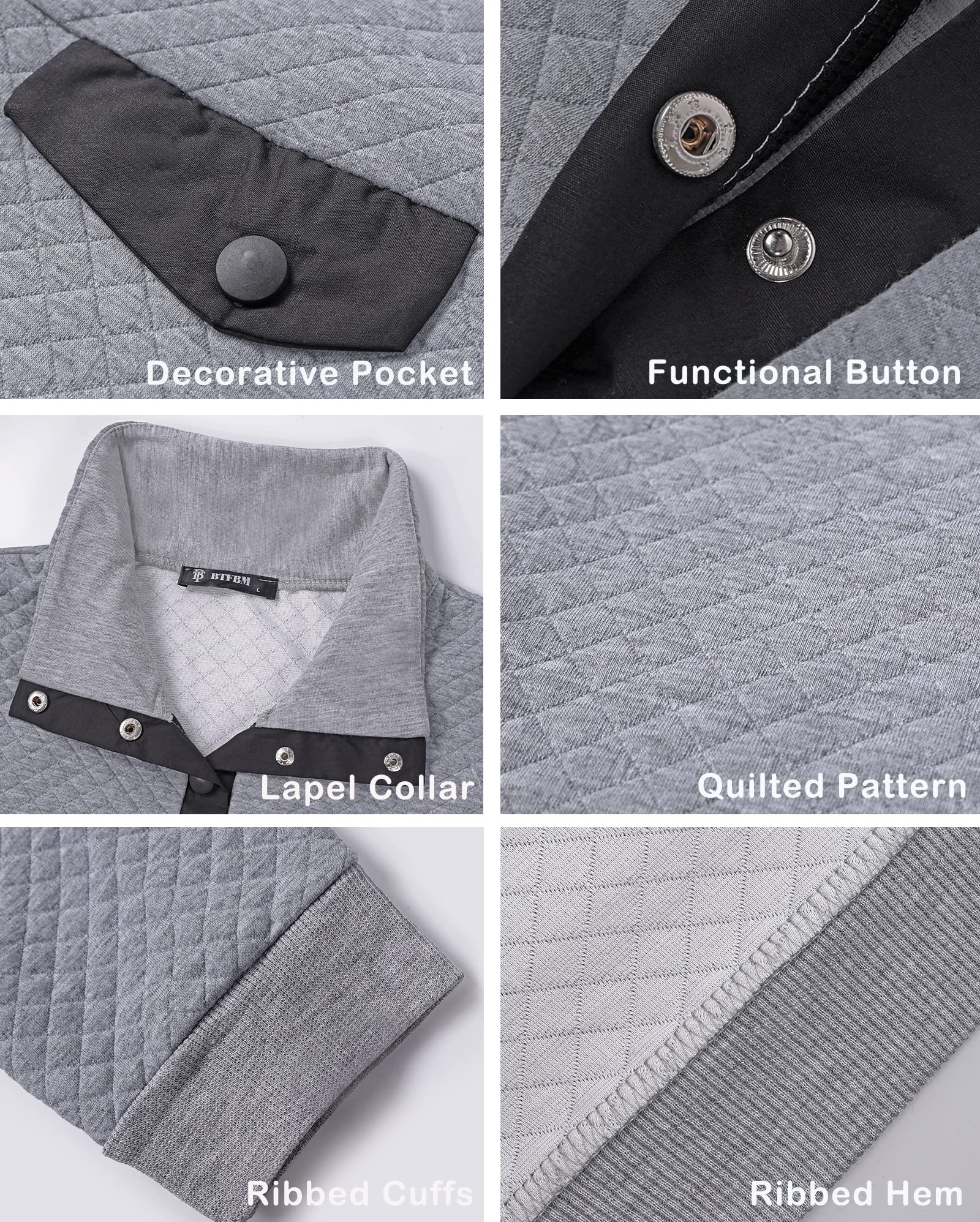 BTFBM Women Fashion Quilted Pattern Lightweight Zipper Long Sleeve Plain Casual Ladies Sweatshirts Pullovers Shirts Tops (Pure Grey, X-Large)