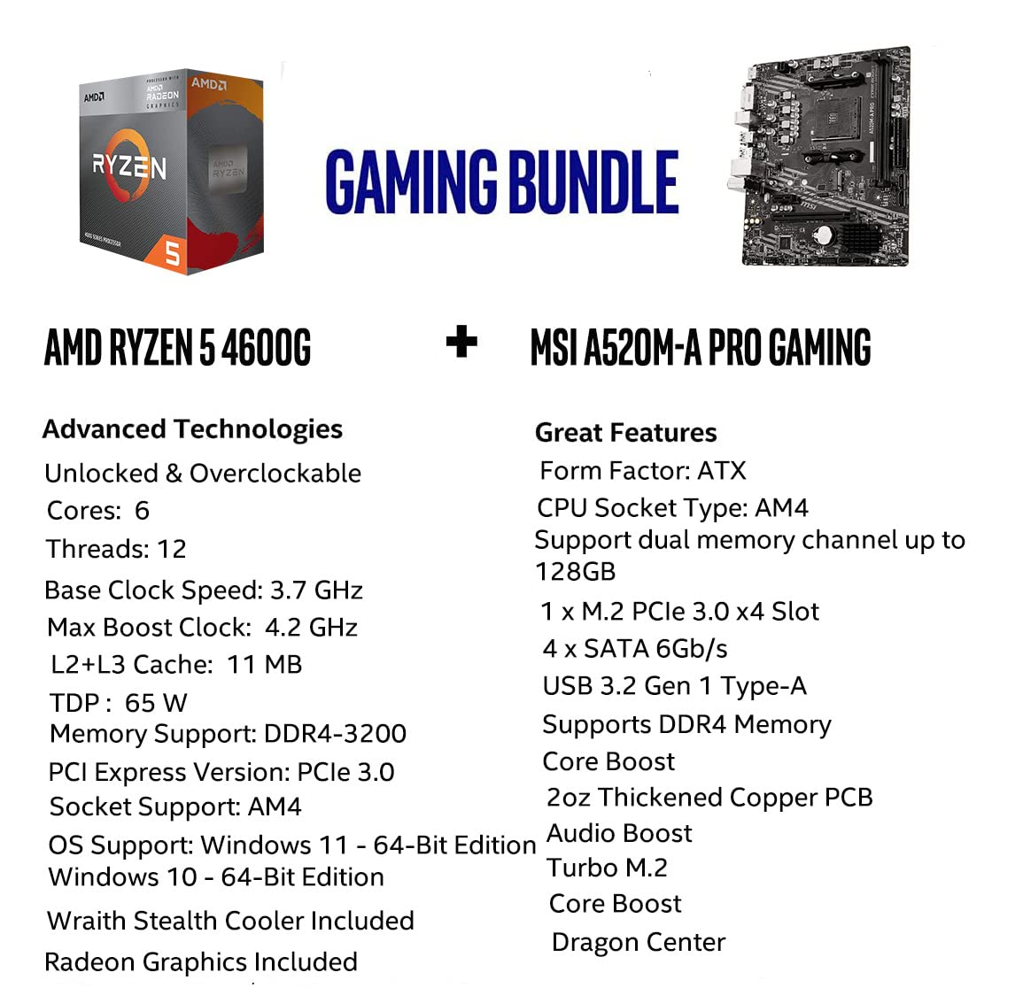 INLAND Micro Center AMD Ryzen 5 4600G 6-Core 12-Thread Unlocked Desktop Processor with Wraith Stealth Cooler Bundle with MSI A520M-A PRO Gaming Motherboard (AMD AM4, DDR4, PCIe 3.0, Micro-ATX)
