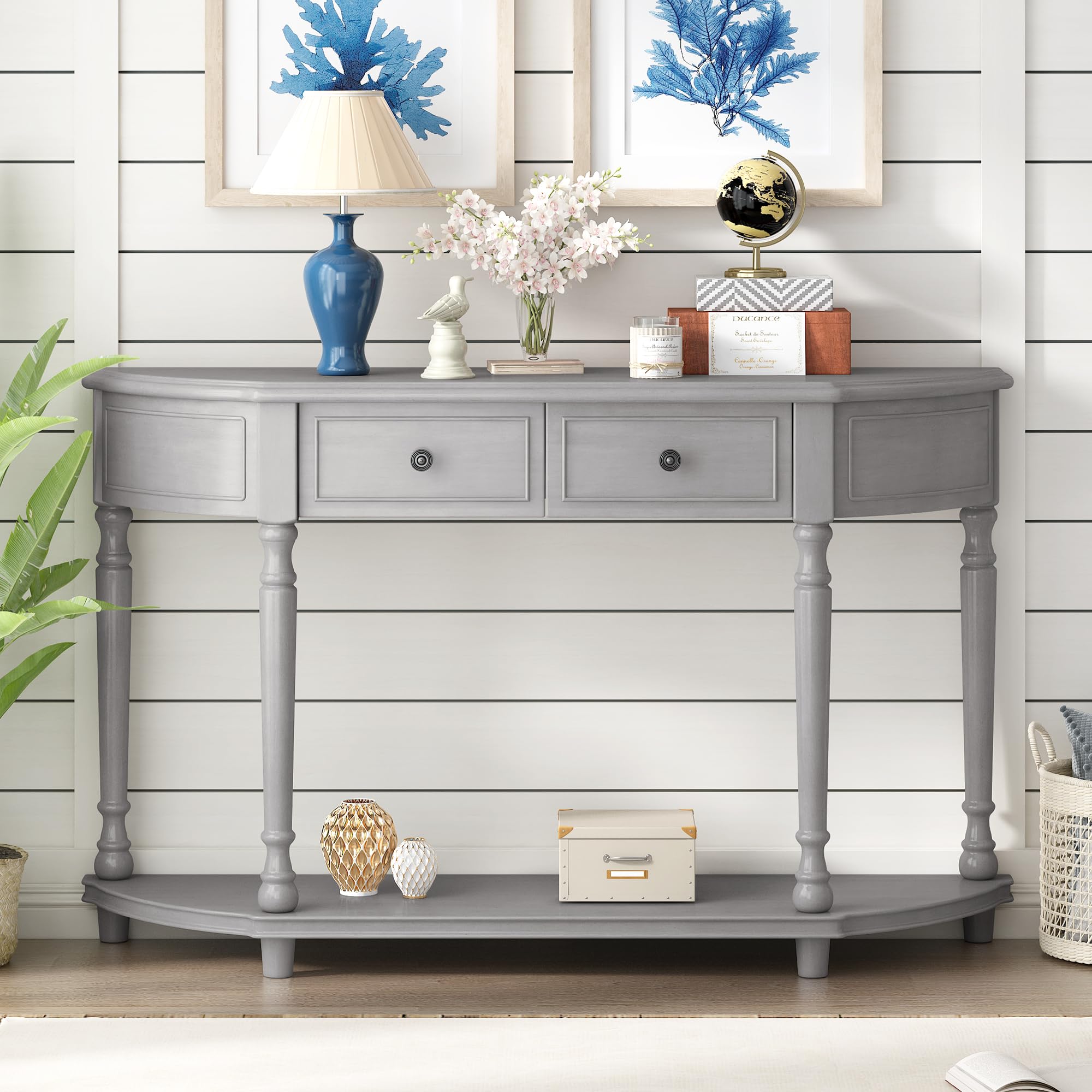 Beardslee Retro Console Table,52" Circular Curved Design Sofa Table with Open Style Shelf & Two Top Drawers,Solid Wooden Frame and Legs,Entryway Table for Hallway, Living Room (Gray Wash)