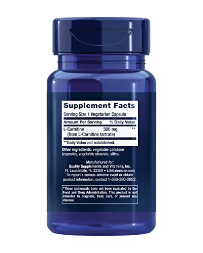 Life Extension L-Carnitine– Helps maintain healthy cellular energy metabolism – Non-GMO, Gluten-Free – 500 mg—30 vegetarian capsules