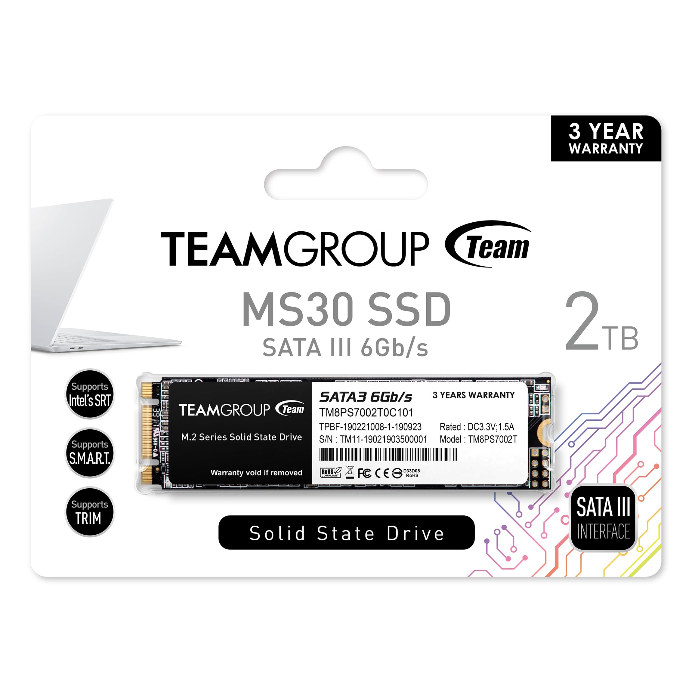 TEAMGROUP MS30 2TB with SLC Cache 3D NAND TLC M.2 2280 SATA III 6Gb/s Internal Solid State Drive SSD (Read/Write Speed up to 550/500 MB/s) Compatible with Laptop & PC Desktop TM8PS7002T0C101