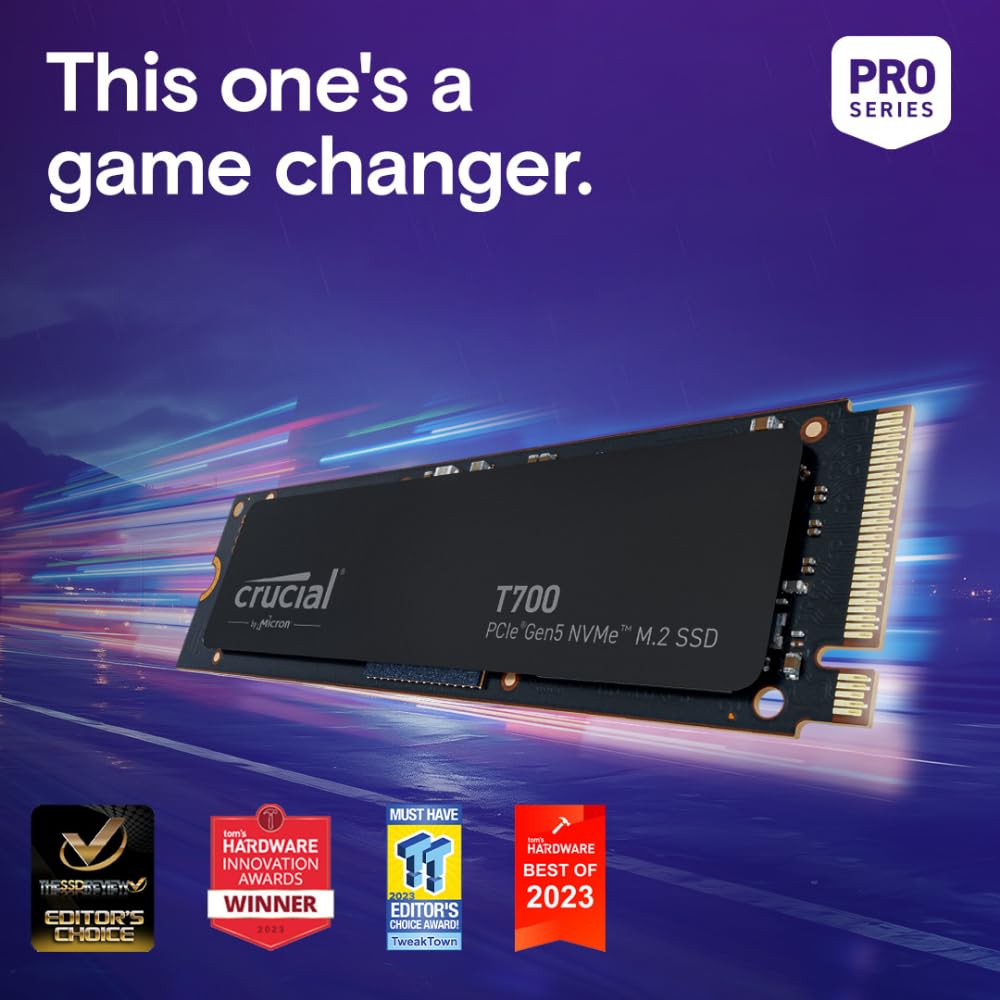 Crucial T700 1TB Gen5 NVMe M.2 SSD - Up to 11,700 MB/s - DirectStorage Enabled - CT1000T700SSD3 - Gaming, Photography, Video Editing & Design - Internal Solid State Drive