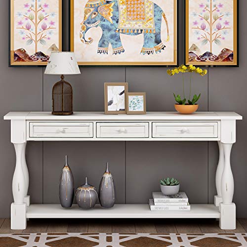 Goohome 64" Long Extra-Thick Console Table Sofa Table with 3 Drawers and Bottom Shelf, Open Countertop, Retro Mediterranean Style Solid Wood Accent Entryway Table for Hallway Living Room