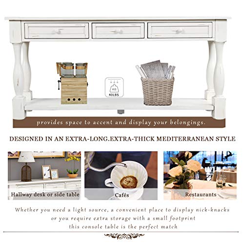Goohome 64" Long Extra-Thick Console Table Sofa Table with 3 Drawers and Bottom Shelf, Open Countertop, Retro Mediterranean Style Solid Wood Accent Entryway Table for Hallway Living Room