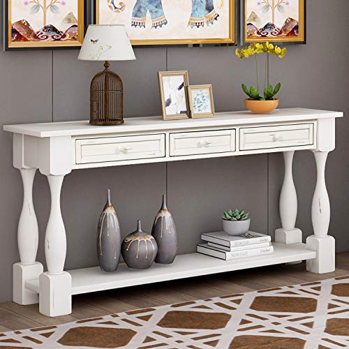 Goohome 64" Long Extra-Thick Console Table Sofa Table with 3 Drawers and Bottom Shelf, Open Countertop, Retro Mediterranean Style Solid Wood Accent Entryway Table for Hallway Living Room