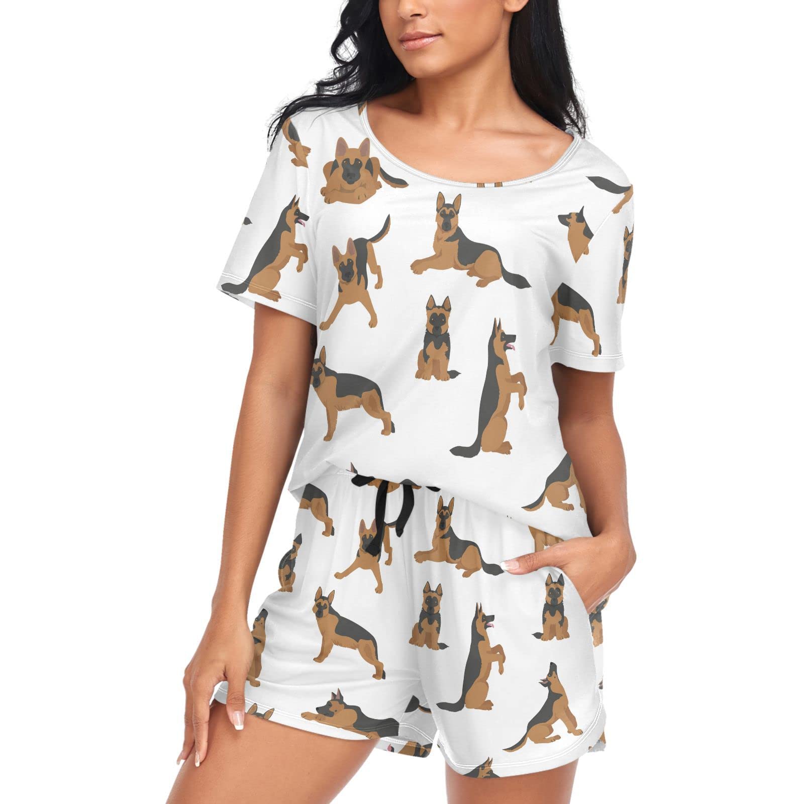 vvfelixl German Shepherd Pajamas Sleepwear For Women Short Sleeve Loungewear White Xl