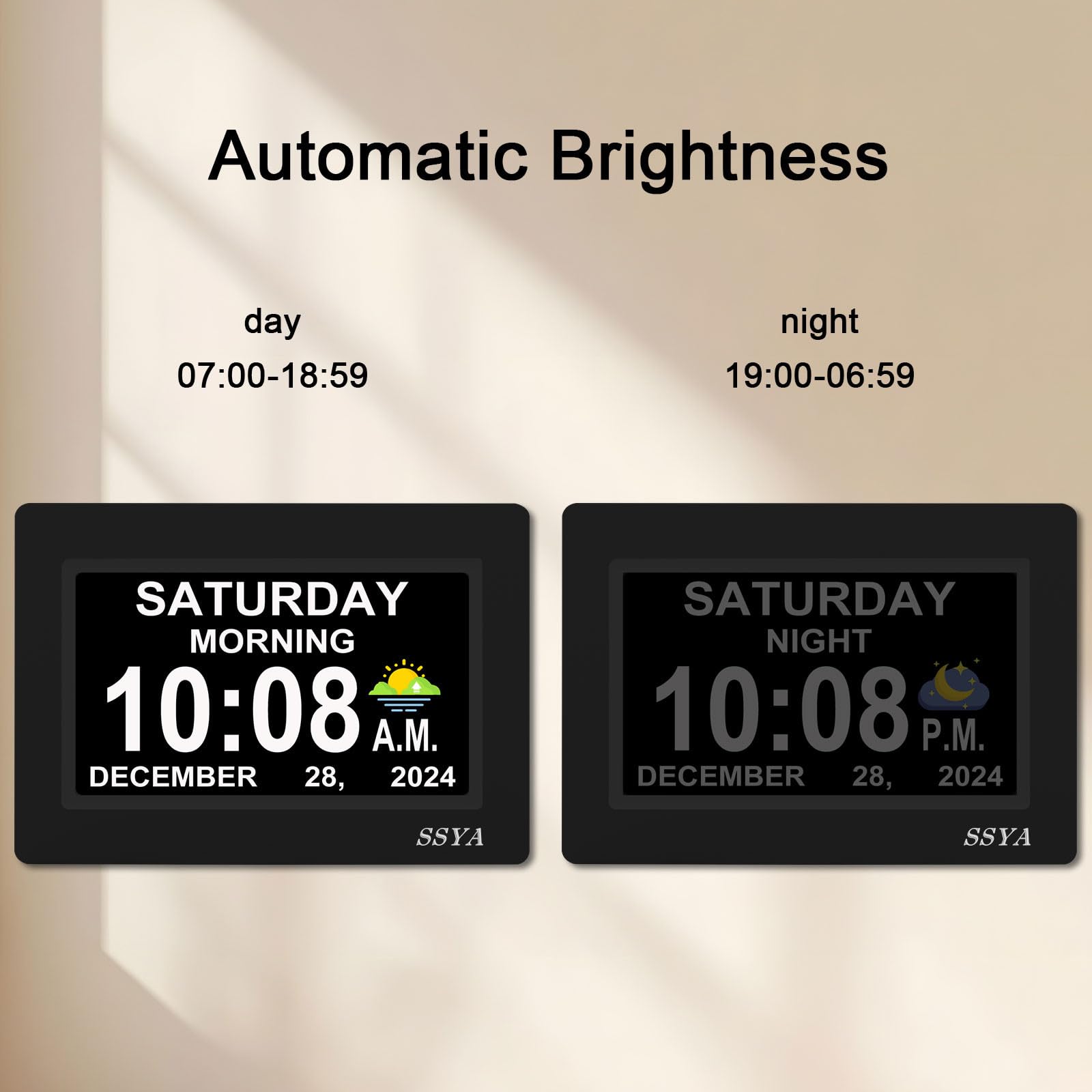 [Newest Version] 7 Inch Day Clock - 12 Alarm Options, Level 5 Auto Dimmable Display,Extra Large Impaired Vision Digital Clock with Non-Abbreviated Day & Month Alarm Clock (7 inch)