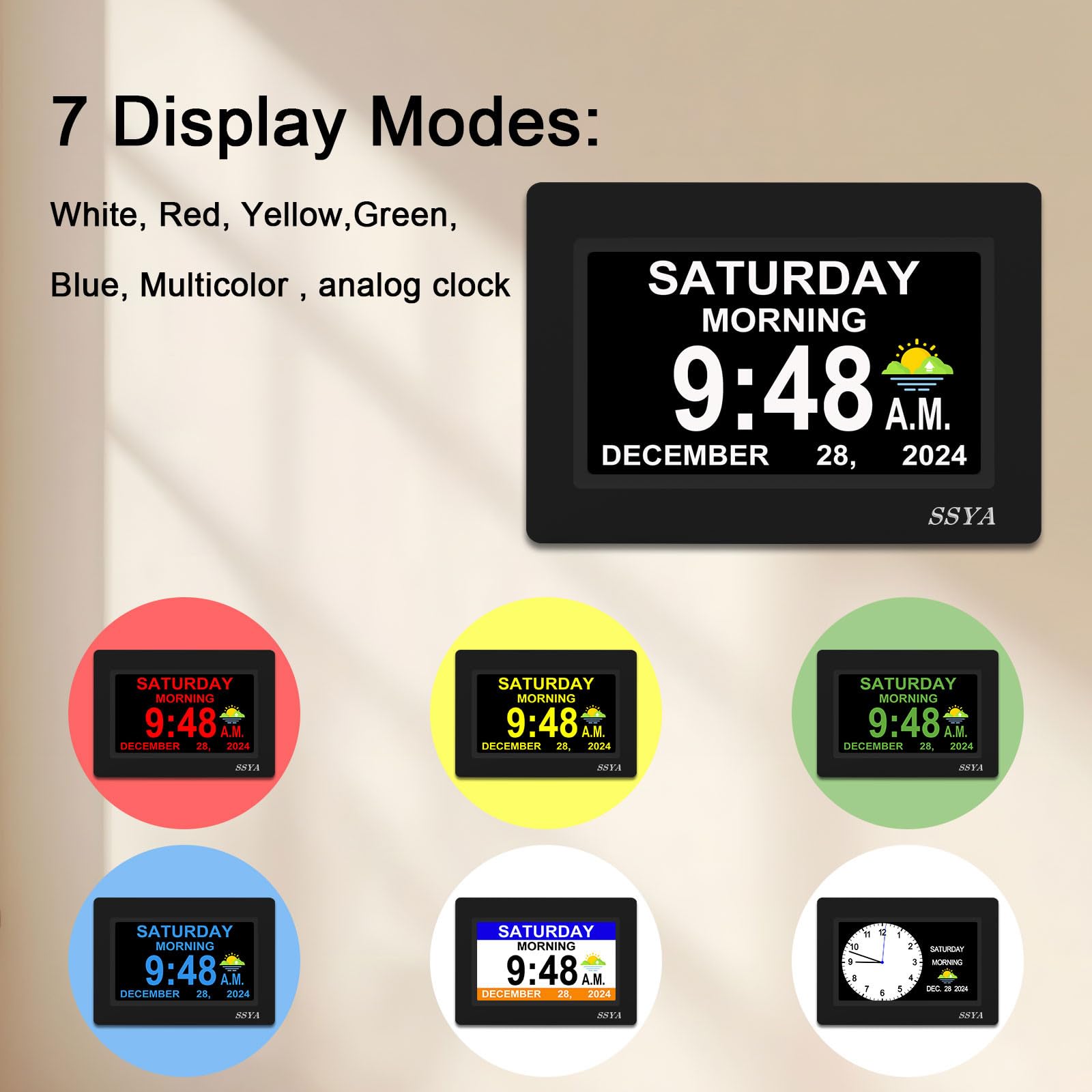 [Newest Version] 7 Inch Day Clock - 12 Alarm Options, Level 5 Auto Dimmable Display,Extra Large Impaired Vision Digital Clock with Non-Abbreviated Day & Month Alarm Clock (7 inch)