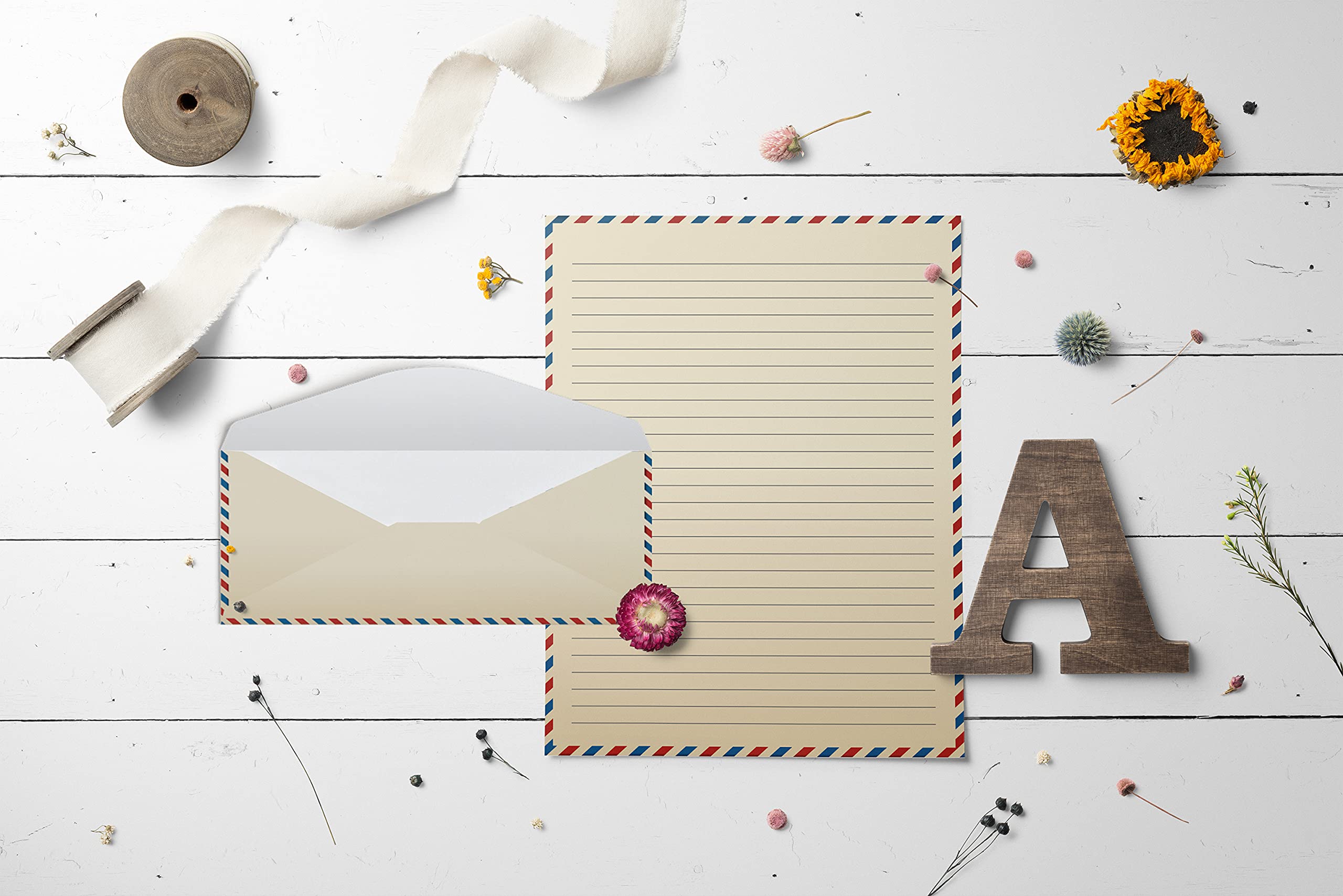 Vintage Airmail Stationery Paper Set, 100-Piece Set (50 Lined Sheets + 50 Matching Envelopes), Letter Size 8.5 x 11 inch, Double Sided & Lined Paper, by Better Office Products