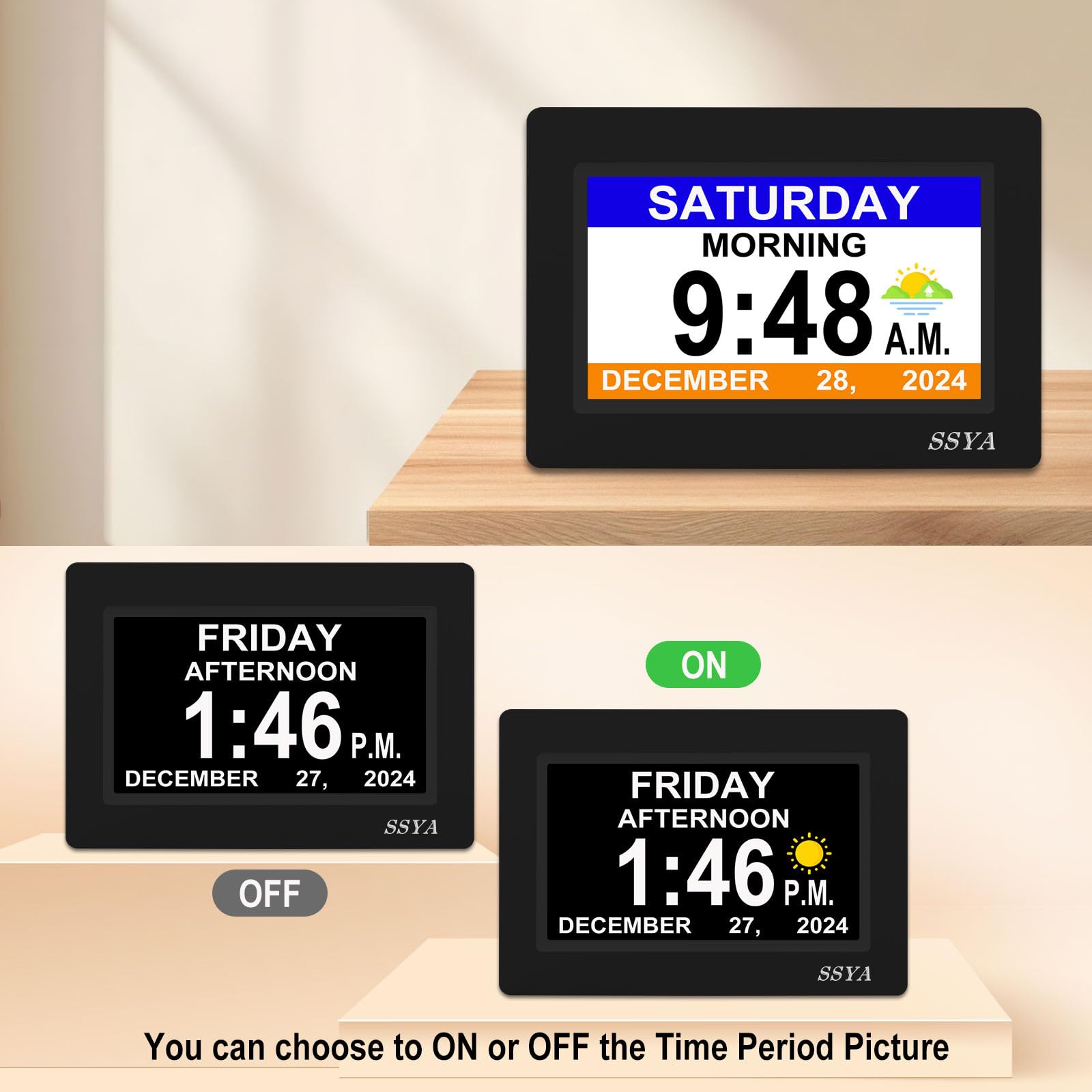 [Newest Version] 7 Inch Day Clock - 12 Alarm Options, Level 5 Auto Dimmable Display,Extra Large Impaired Vision Digital Clock with Non-Abbreviated Day & Month Alarm Clock (7 inch)