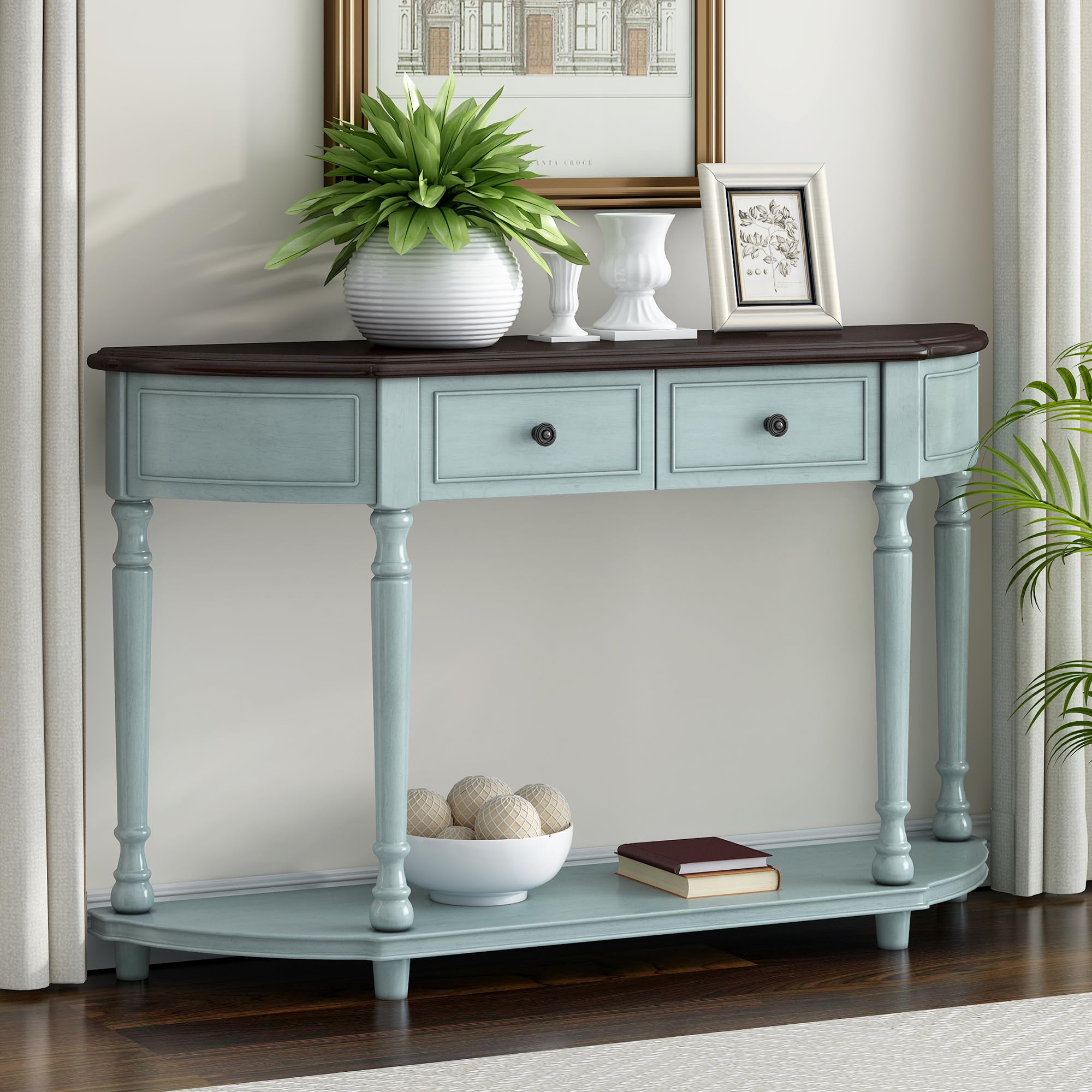 Retro Curved Design Console Table with Open Style Shelf, Solid Wooden Entryway Table Frame with Legs, 2 Top Drawers,Half Moon Shape Console Table for Hallway Living Room (Cherry + Antique Blue-01)