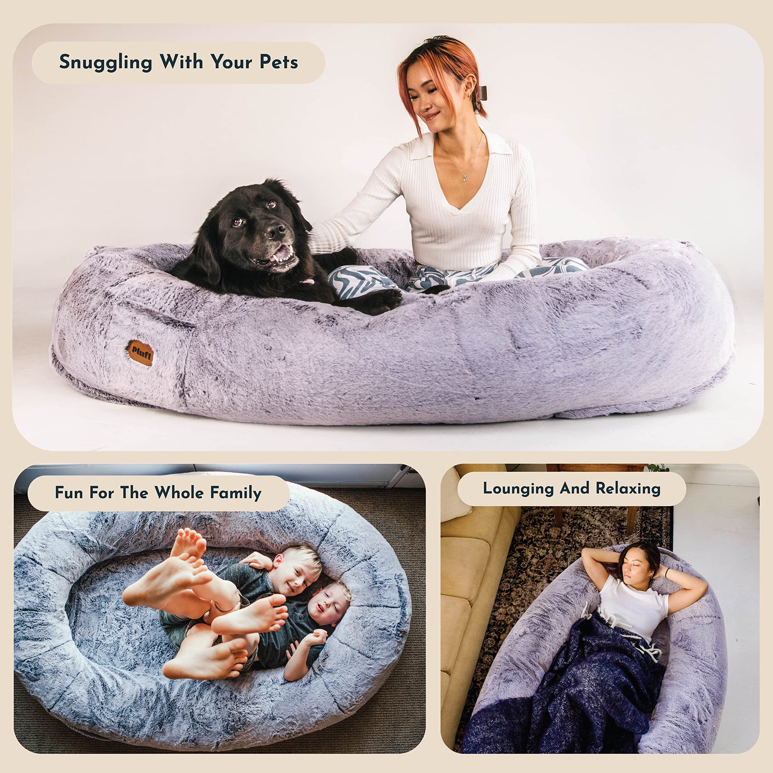 Plufl, The Original Human Dog Bed for Adults, Kids, and Pets. As Seen on Shark Tank. Comfy Plush Large Bean Bag with Memory Foam, Machine Washable, and Durable. Perfect nap and Floor Bed - Arctic Grey
