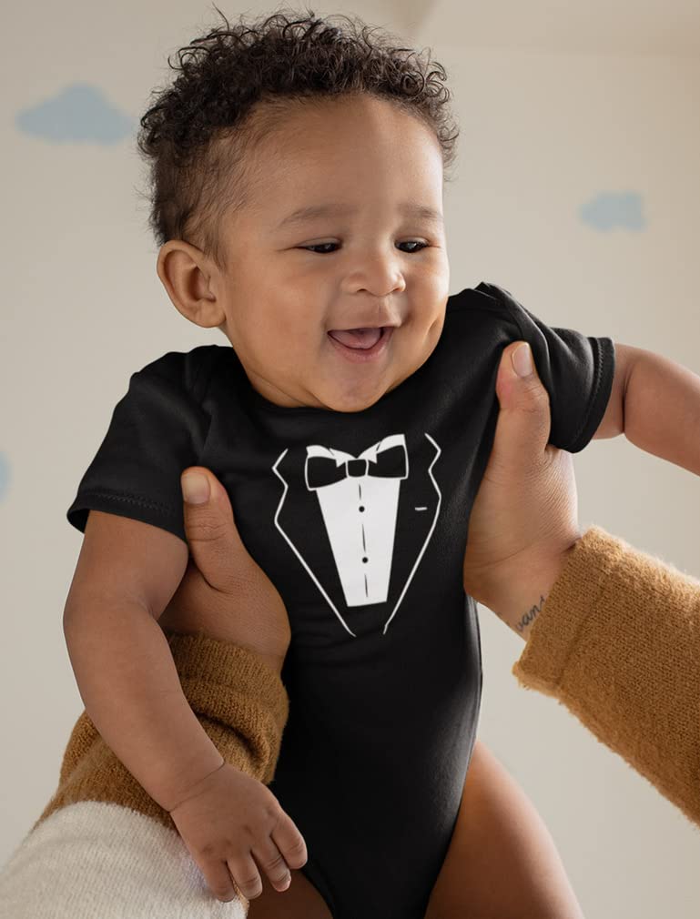 Tuxedo Baby Bodysuit with Bowtie Newborn Boy Printed Tux Suit and Tie Outfits 12M (6-12M) Black