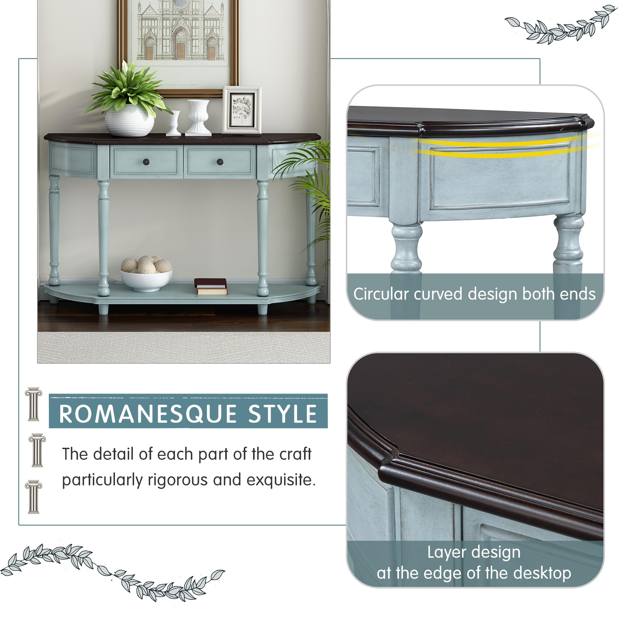 Retro Curved Design Console Table with Open Style Shelf, Solid Wooden Entryway Table Frame with Legs, 2 Top Drawers,Half Moon Shape Console Table for Hallway Living Room (Cherry + Antique Blue-01)