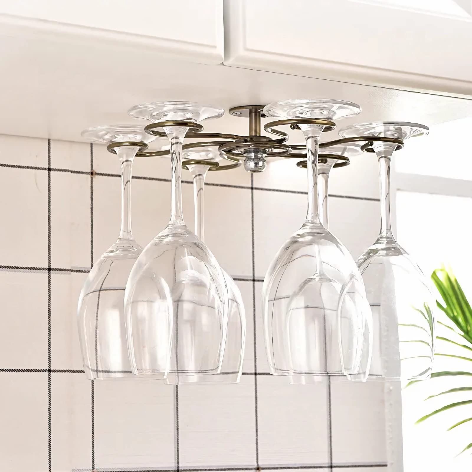NAGATA Wine Glass Rack Under Cabinet, 360° Rotating Wine Glass Holder, Wine Glass Drying Rack Kitchen Cabinet Storage and Wine Cabinet Decoration.