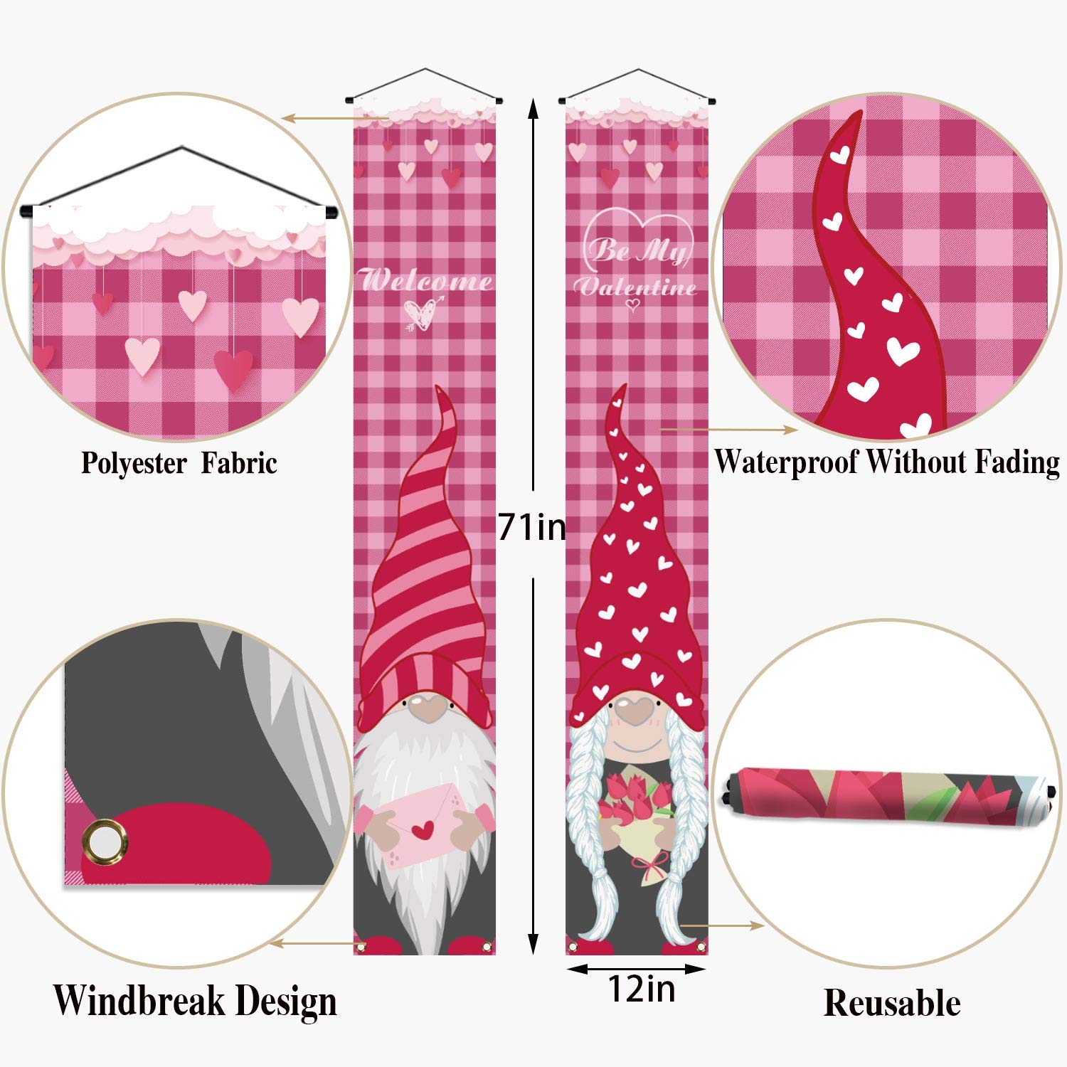 Rainlemon Welcome Be My Valentine Swedish Gnome Porch Banner, Pink Buffalo Check Plaid, Valentine's Day Front Door Sign Decoration