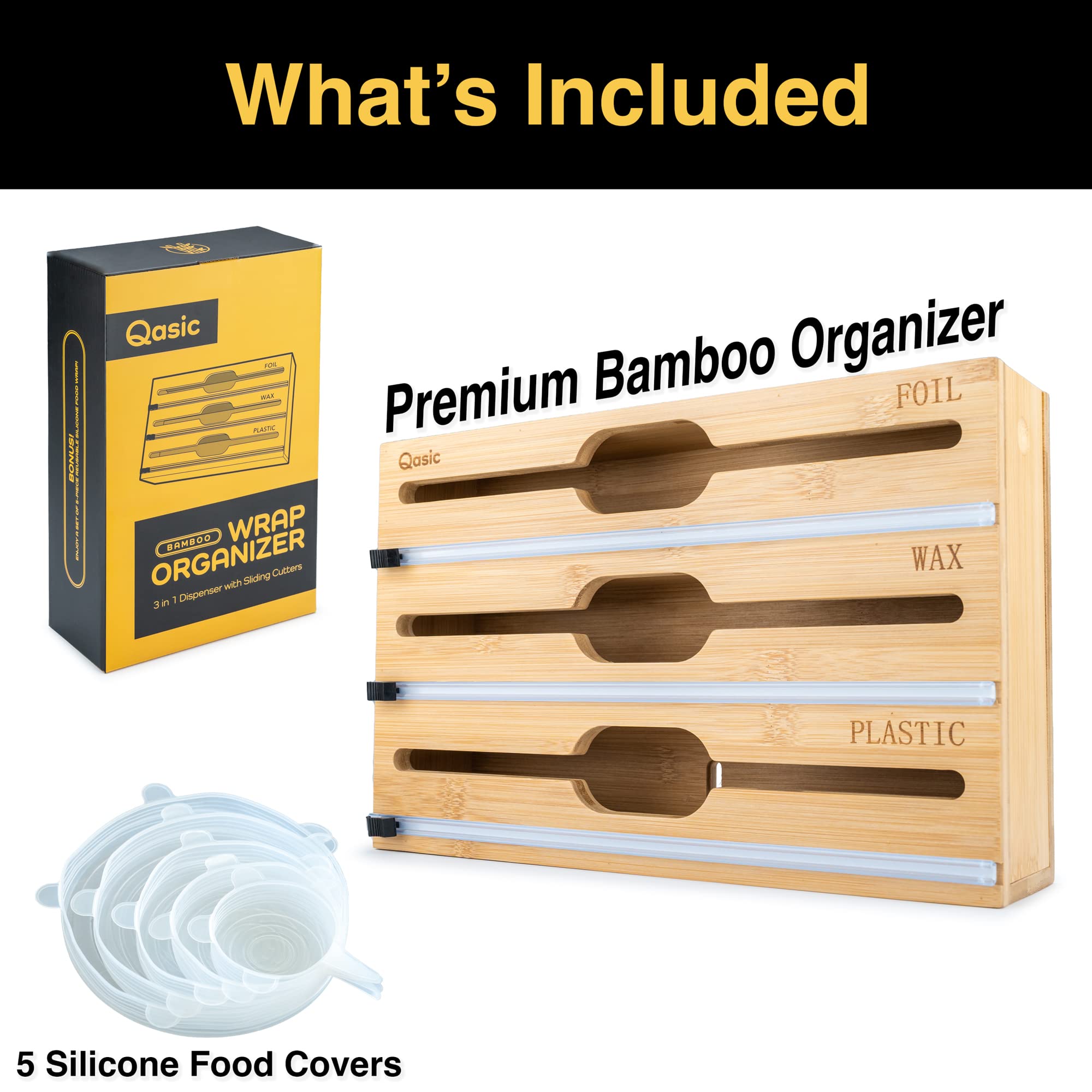 Qasic 3-in-1 Plastic Wrap Dispenser, Organiser with Cutters for Cling Film, Aluminum Foil, and Parchment Wax Paper, Bamboo Holder Storage Box with Laser Engraved Letters - Fits 12" Rolls