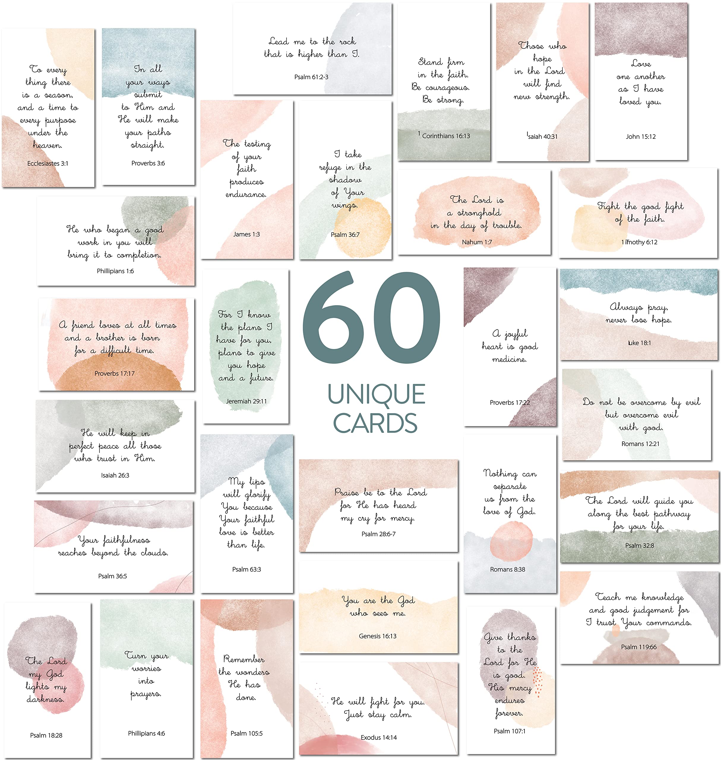 DIVERSEBEE Inspirational Prayer Cards, 60 Unique Bible Verse Cards, Assorted Mini Scripture Cards, Encouragement Motivational Cards, Christian Bible Gifts (Watercolor)