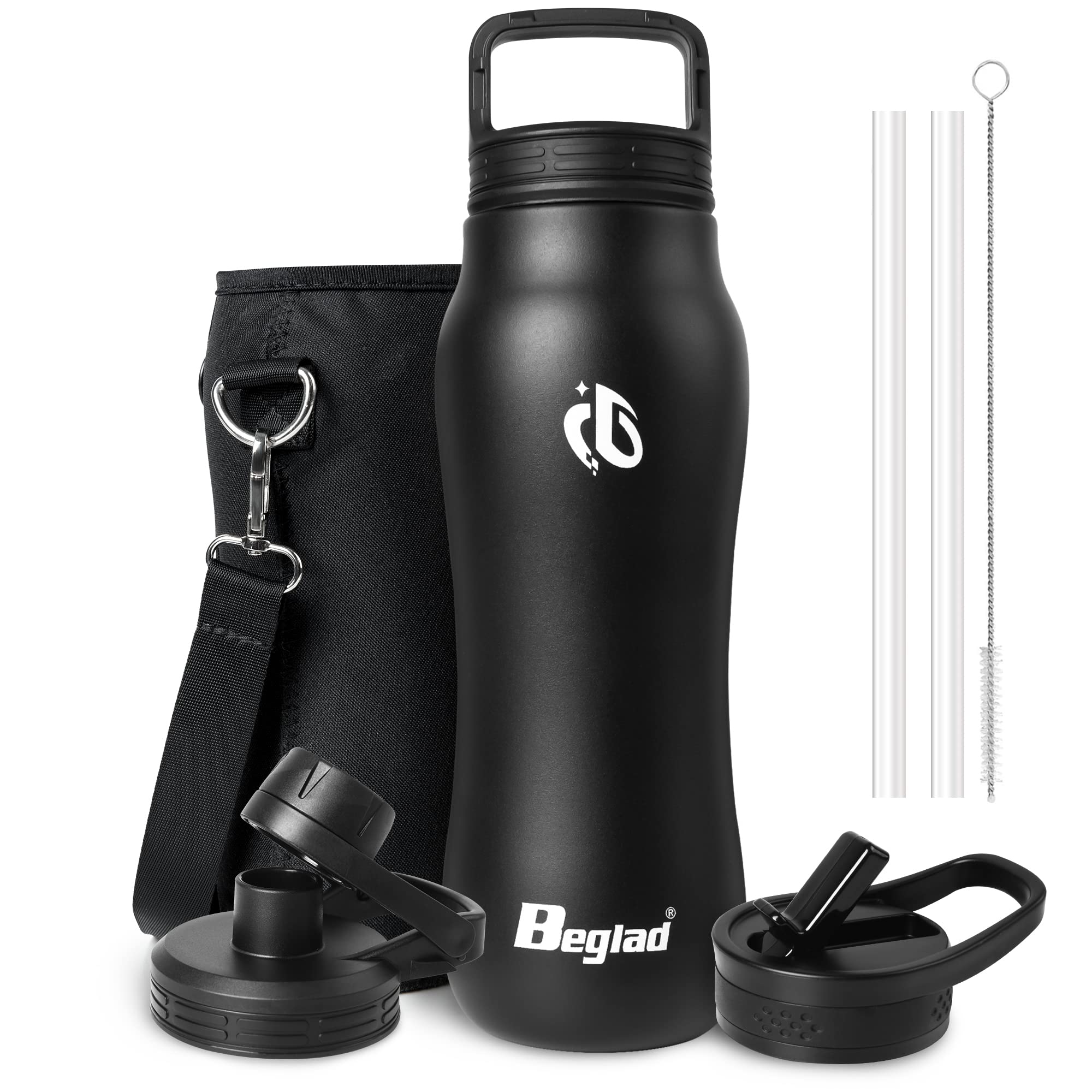 Beglad 24 oz Water Bottle Flask Jug, Vacuum Insulated Stainless Steel Water Bottle whit 3 Lids, Double Walled Metal Canteen Water Jug Thermo Mug, Hot Cold Water Bottles for Gym Travel Sports, Black