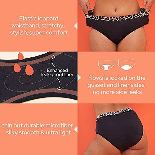 YooTime Period Underwear for Women, Leopard Hipster Stretchy Microfiber Period Panties Heavy Flow with Storage Bag Black 3Pack/M