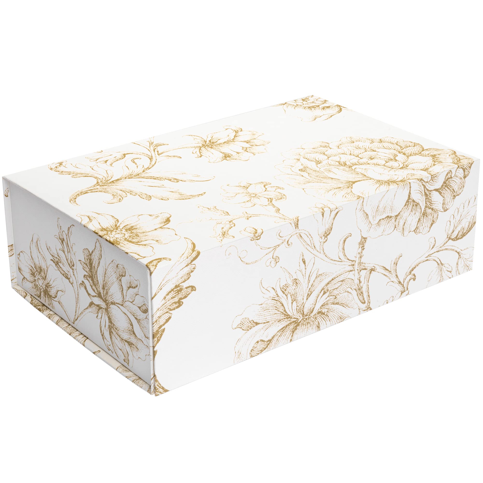 Sorarto Luxury Magnetic Gift Box | Sturdy Reusable Decorative Gift Boxes for Groomsmen & Bridesmaid Proposal, Wedding, Fancy Birthday Presents in White Linen Fabric Paper, 11.5" x 7.5" x 3.5" (Golden Bouquet)