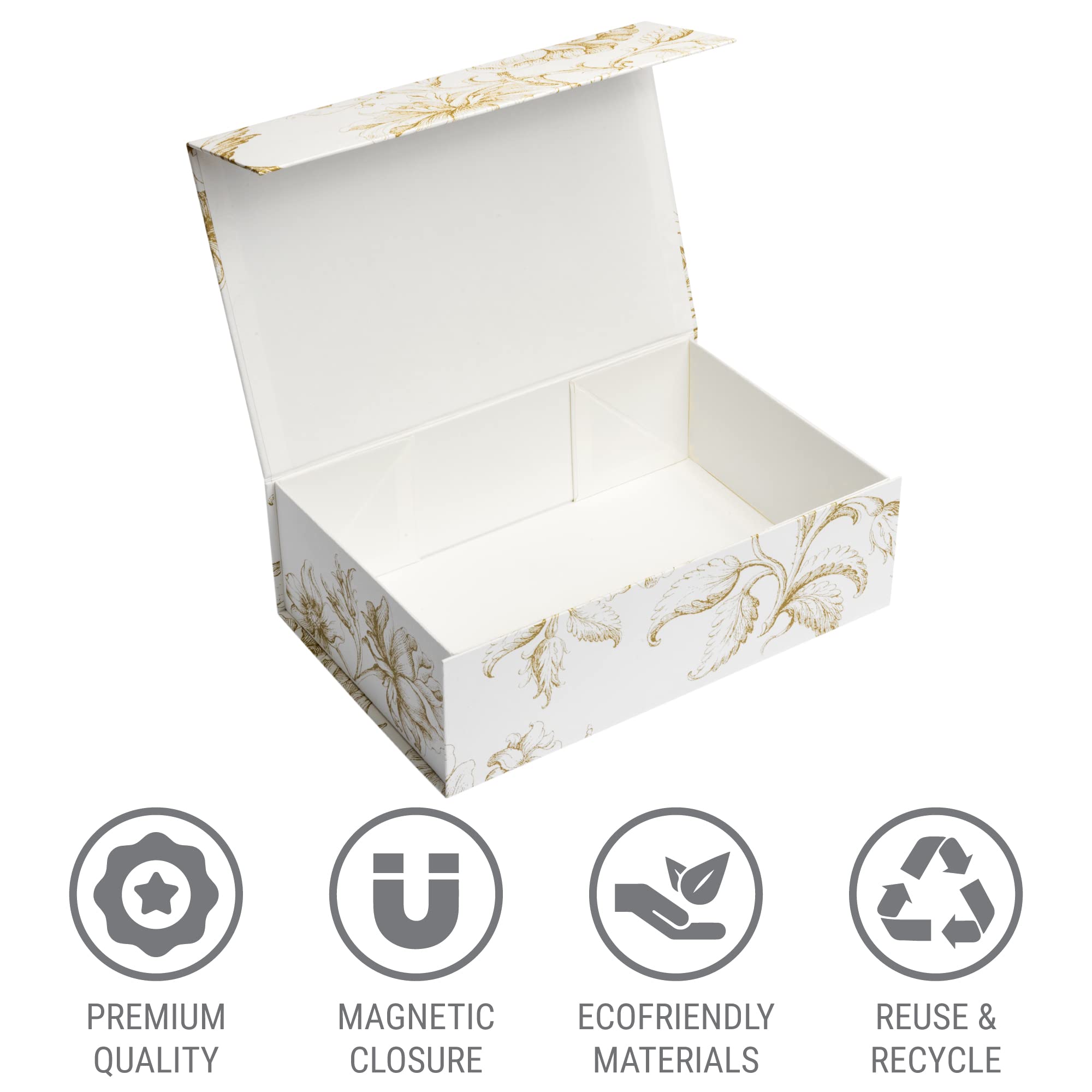 Sorarto Luxury Magnetic Gift Box | Sturdy Reusable Decorative Gift Boxes for Groomsmen & Bridesmaid Proposal, Wedding, Fancy Birthday Presents in White Linen Fabric Paper, 11.5" x 7.5" x 3.5" (Golden Bouquet)