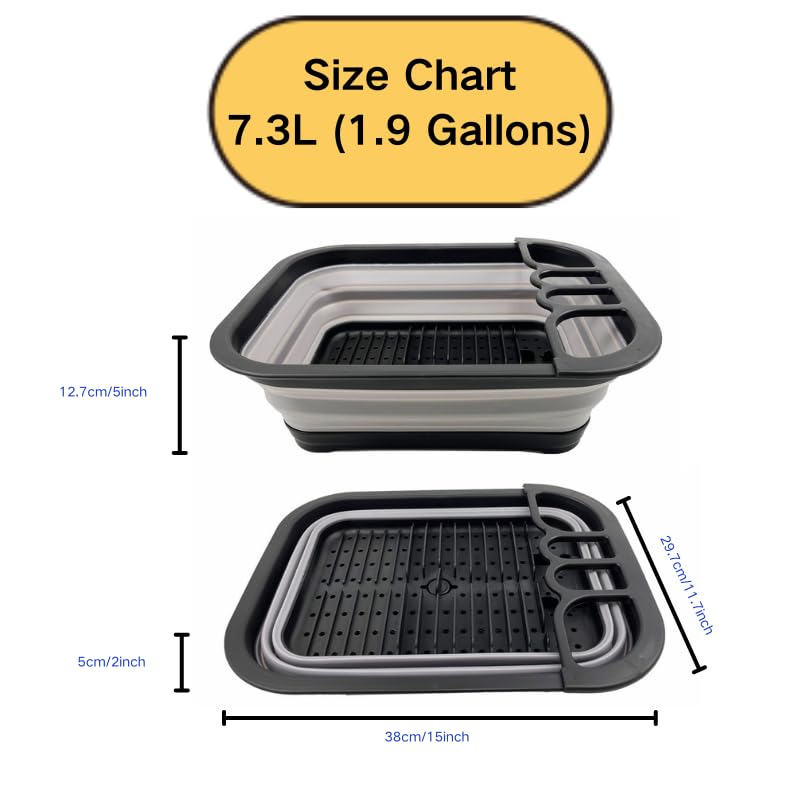 SAMMART 7.3L (1.9 Gallon) Collapsible Dish Drainer with Drainer Board - Foldable Drying Rack Set - Portable Dinnerware Organizer - Space Saving Kitchen Storage Tray (Black/Alloy Grey)