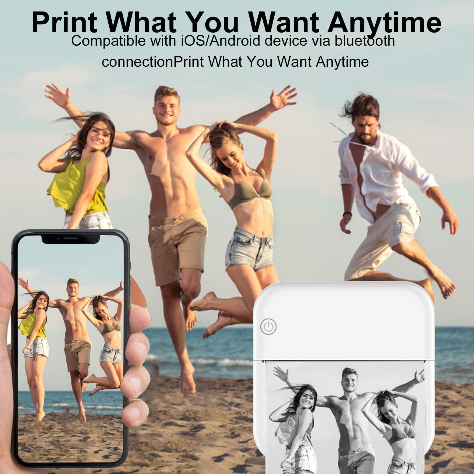 Mini Printer Portable, Pocket Thermal Printer with 7 Rolls Paper, Bluetooth Wireless Instant Photo Printer Compatible with iOS Android for Picture Receipt Label Note QR Code Inkless Printing