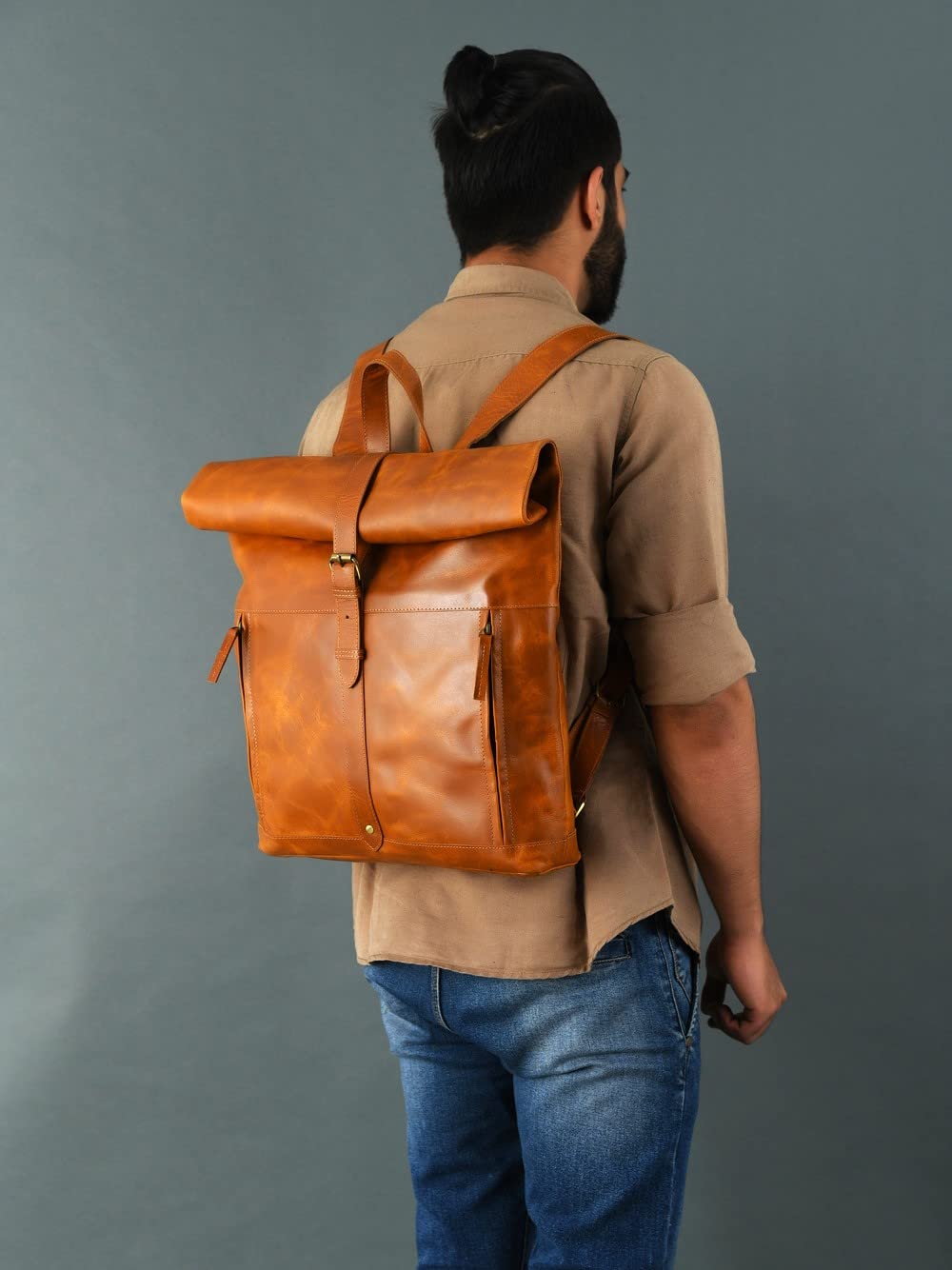 Gratlin Buffalo Leather Roll On Laptop Backpack 16 Inches | Vintage Genuine Leather Rucksack Backpack for Men & Women | Best Full Grain Tan Leather Backpacks Book Bag Knapsack for Travel Hiking Use