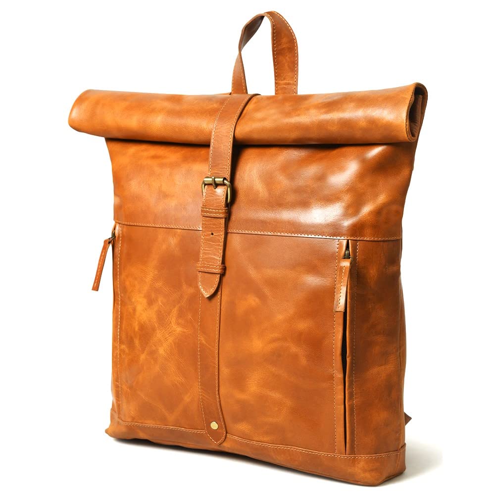 Gratlin Buffalo Leather Roll On Laptop Backpack 16 Inches | Vintage Genuine Leather Rucksack Backpack for Men & Women | Best Full Grain Tan Leather Backpacks Book Bag Knapsack for Travel Hiking Use