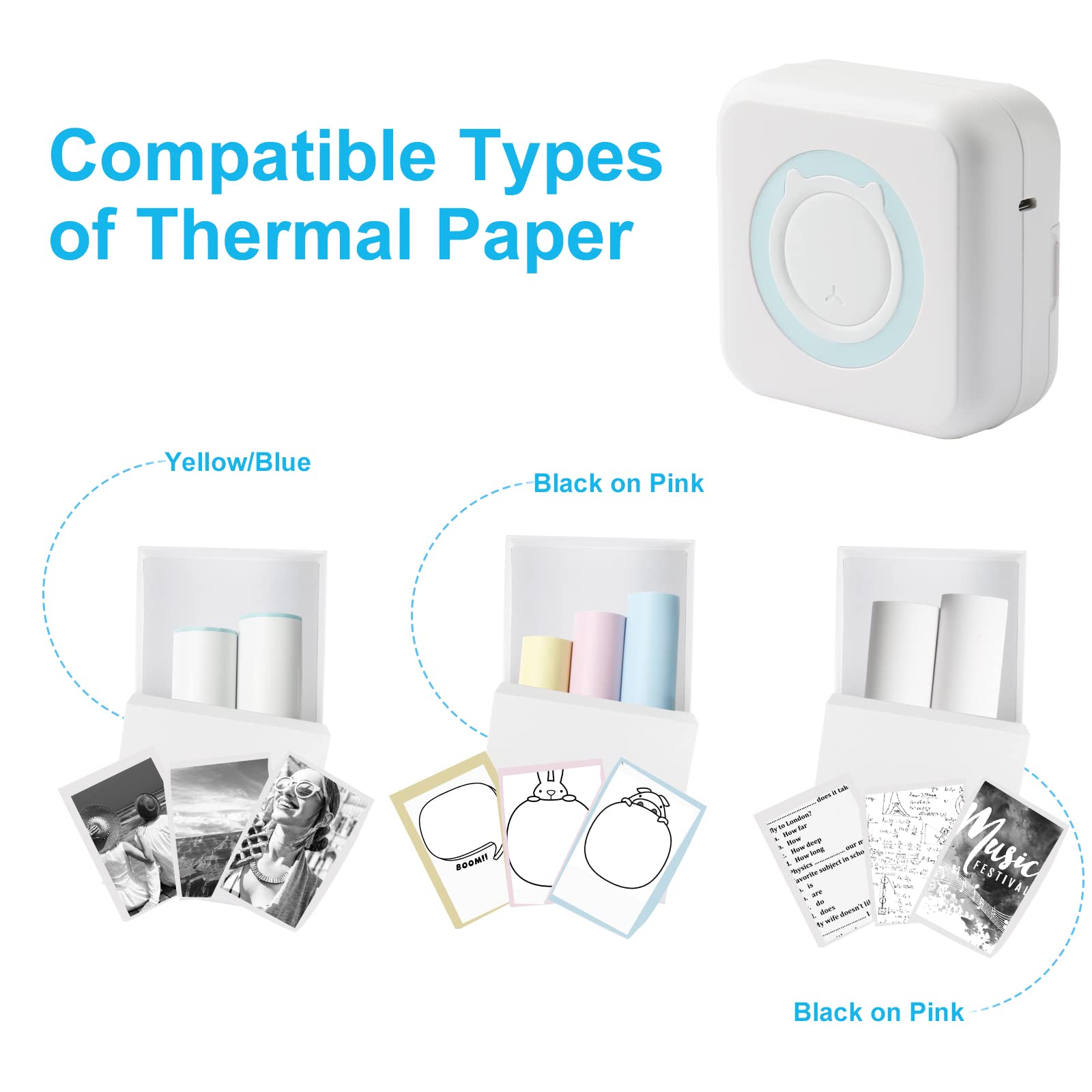 Mini Printer Portable, Pocket Thermal Printer with 7 Rolls Paper, Bluetooth Wireless Instant Photo Printer Compatible with iOS Android for Picture Receipt Label Note QR Code Inkless Printing