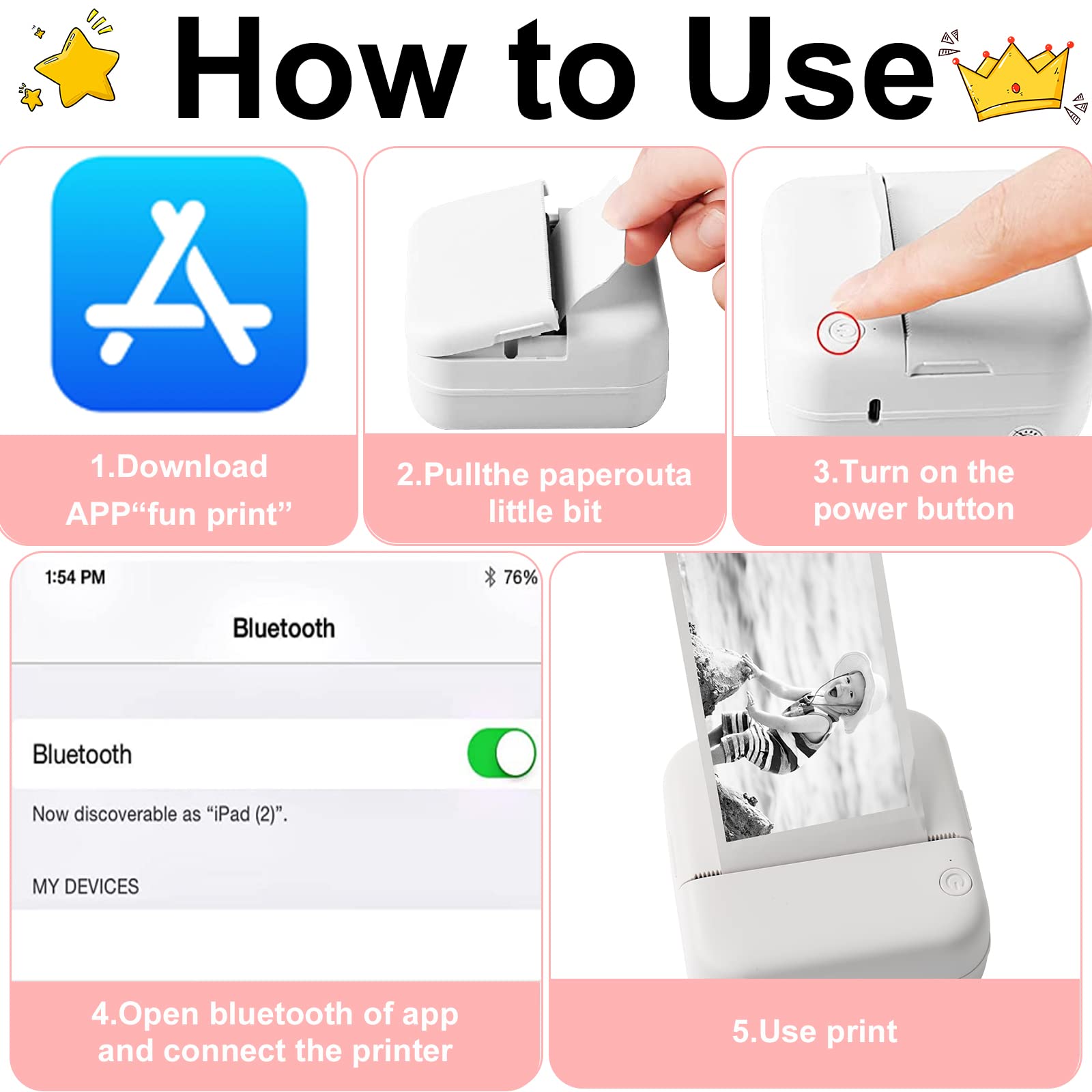 Mini Printer Portable, Pocket Thermal Printer with 7 Rolls Paper, Bluetooth Wireless Instant Photo Printer Compatible with iOS Android for Picture Receipt Label Note QR Code Inkless Printing
