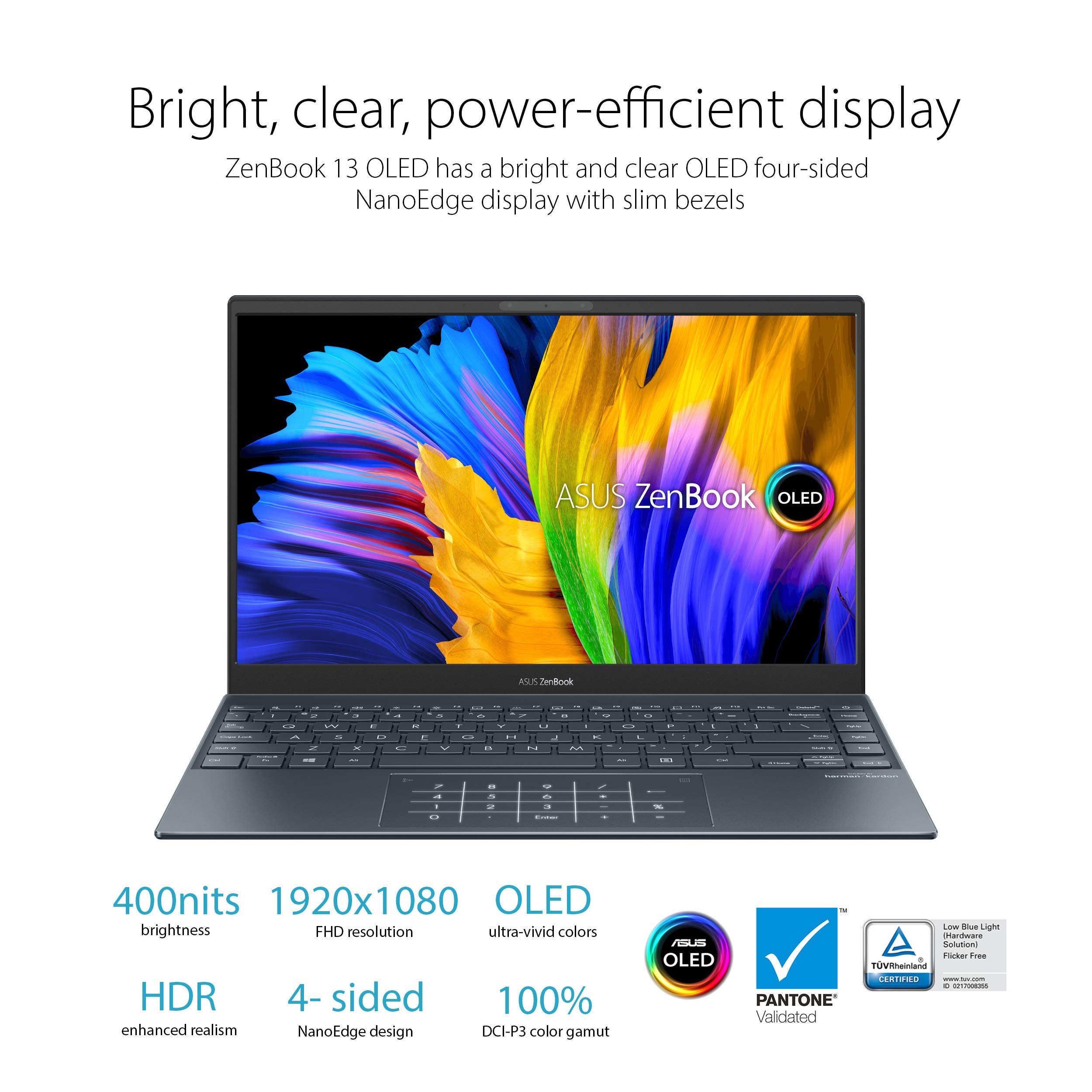 ASUS ZenBook 13 Ultra-Slim Laptop, 13.3β OLED FHD NanoEdge Bezel Display, Intel Core i7-1165G7, 16GB LPDDR4X RAM, 512GB SSD, NumberPad, Thunderbolt 4, Wi-Fi 6, Windows 10 Pro, Pine Grey, UX325EA-XS74