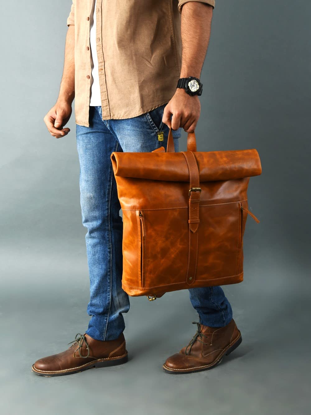 Gratlin Buffalo Leather Roll On Laptop Backpack 16 Inches | Vintage Genuine Leather Rucksack Backpack for Men & Women | Best Full Grain Tan Leather Backpacks Book Bag Knapsack for Travel Hiking Use