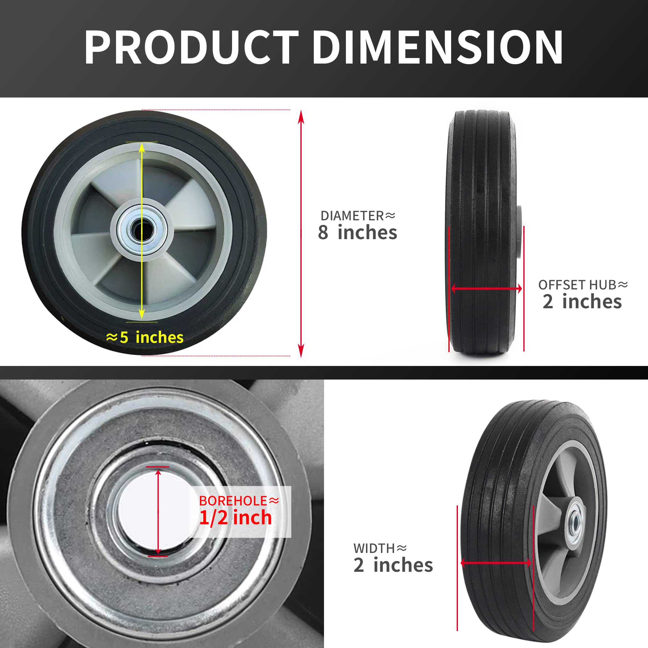 (2- Pack) Run-Flat Solid Rubber Replacement Tire 8" x 2'' with a 1/2" axle for Hand Trucks, Wheelbarrows, Dollies, Trolleys and More β Run Flat with 500 lbs Max Load