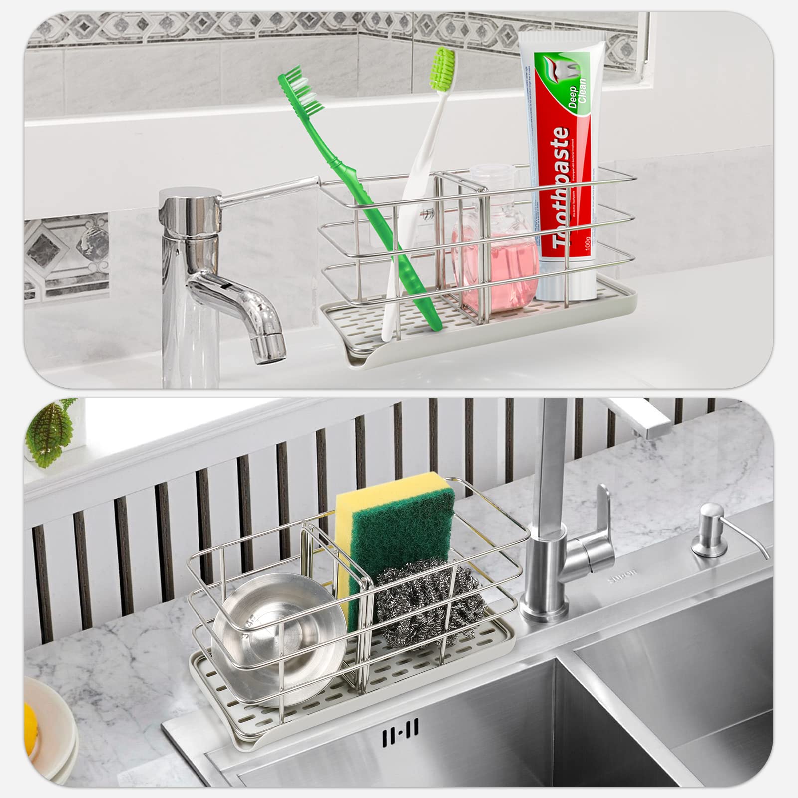 Sponge Holder for Kitchen Sink,304 Stainless Steel Kitchen Sink Organizer Sink Tray Drainer Rack Hanging Adjustable Panel Brush Sink Caddy Soap Holder for Countertop Or Wall Stick with Auto Overflow