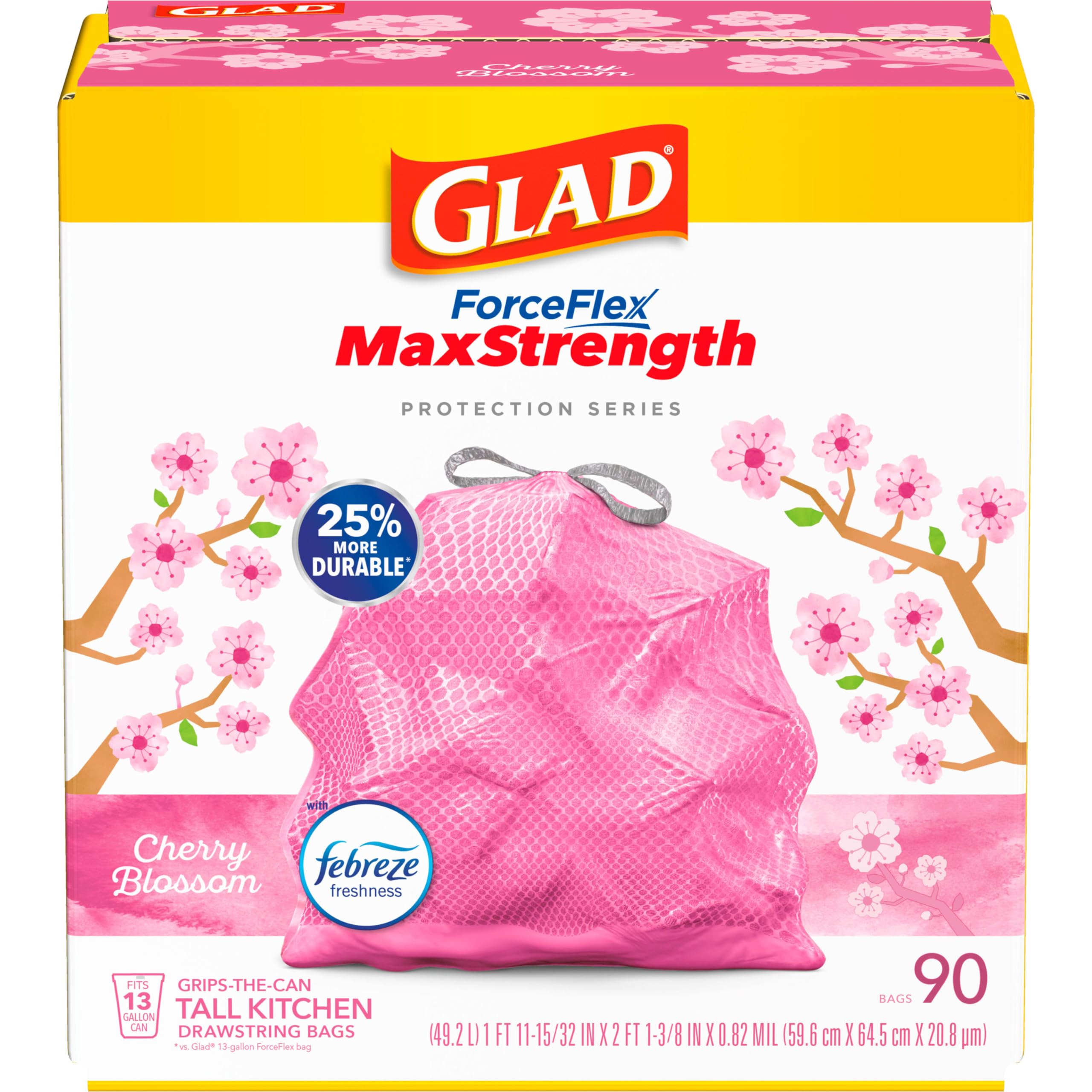 GLAD ForceFlexPlus Tall Kitchen Drawstring Trash Bags, 13 Gallon Pink Trash Bag for Kitchen Trash Can, Cherry Blossom Febreze Freshness and Leak Protection, 90 Count