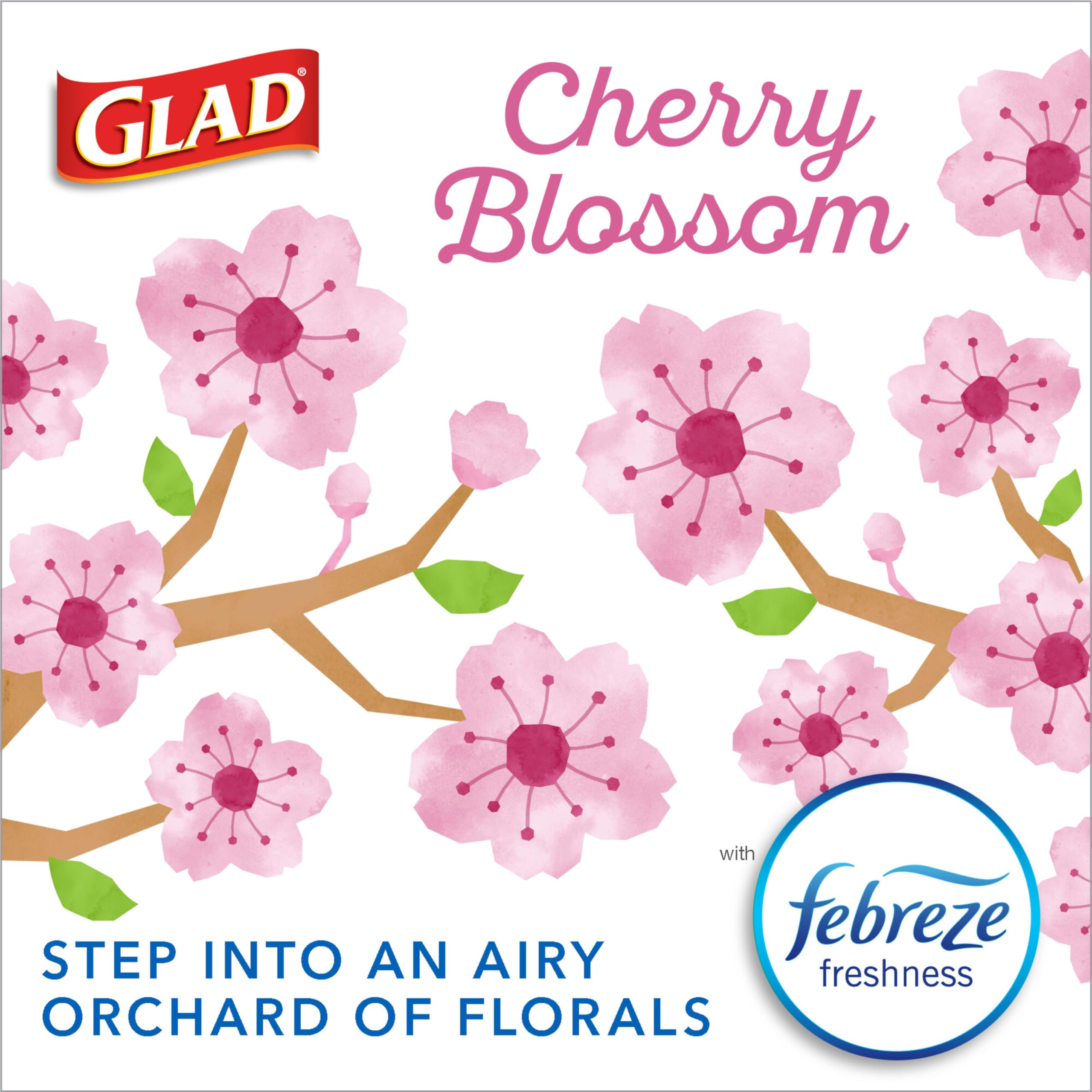 GLAD ForceFlexPlus Tall Kitchen Drawstring Trash Bags, 13 Gallon Pink Trash Bag for Kitchen Trash Can, Cherry Blossom Febreze Freshness and Leak Protection, 90 Count