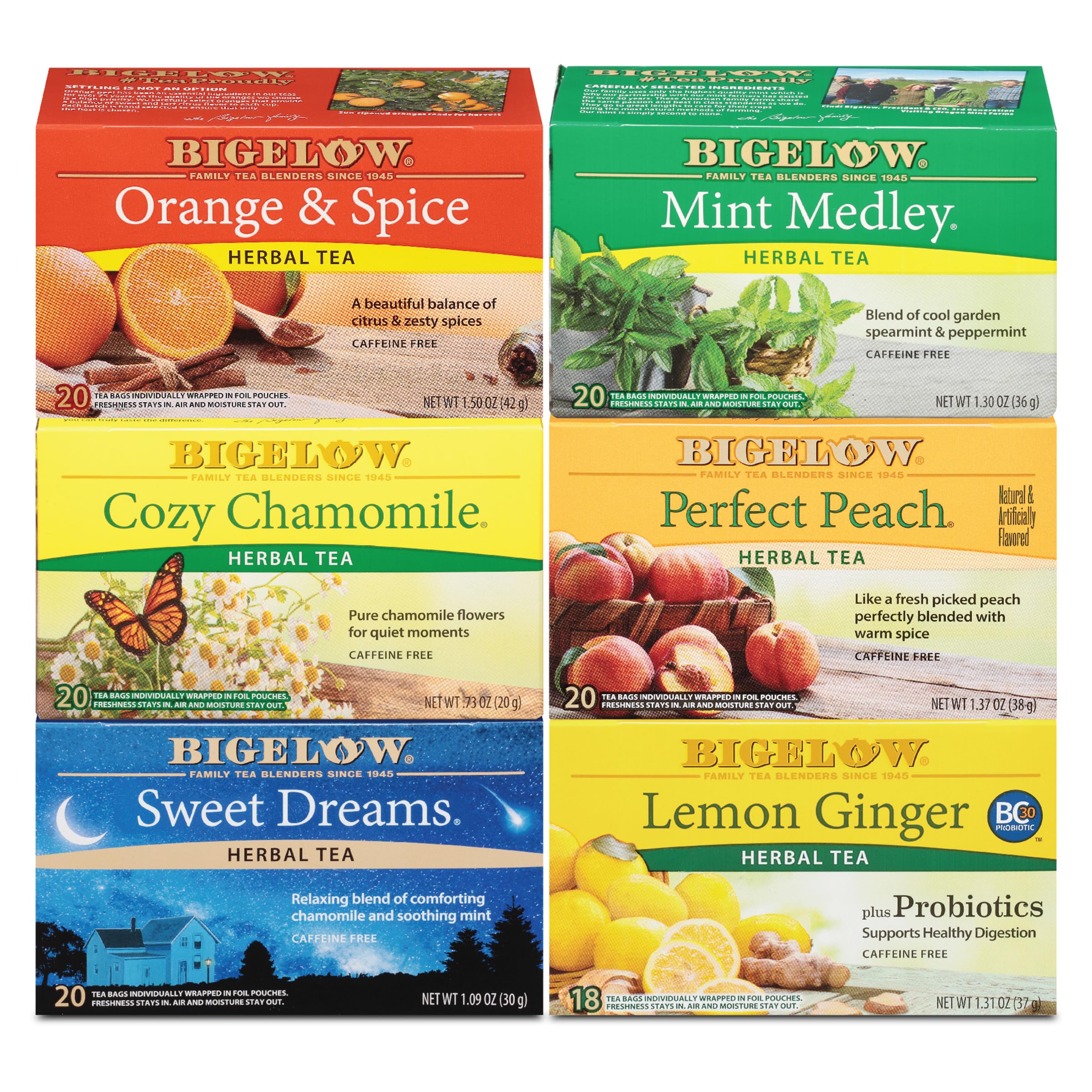 Bigelow Herbal Tea 6 Flavor Variety Pack, Caffeine Free, (Pack of 6) 118 Tea Bags Total