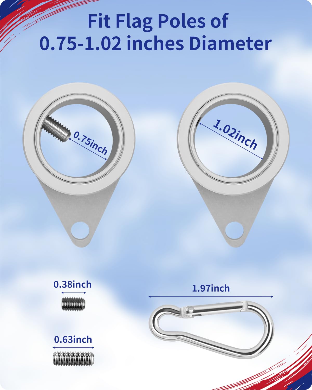 BonyTek 2 Pack Aluminum Alloy Flag Pole Rings, 360 Degree Rotating Flagpole Flag Mounting Rings Spinning Flag Pole Kit with Carabiner for 0.75-1.00 Inch Diameter Flagpole (Φ 1 inch, Silver)