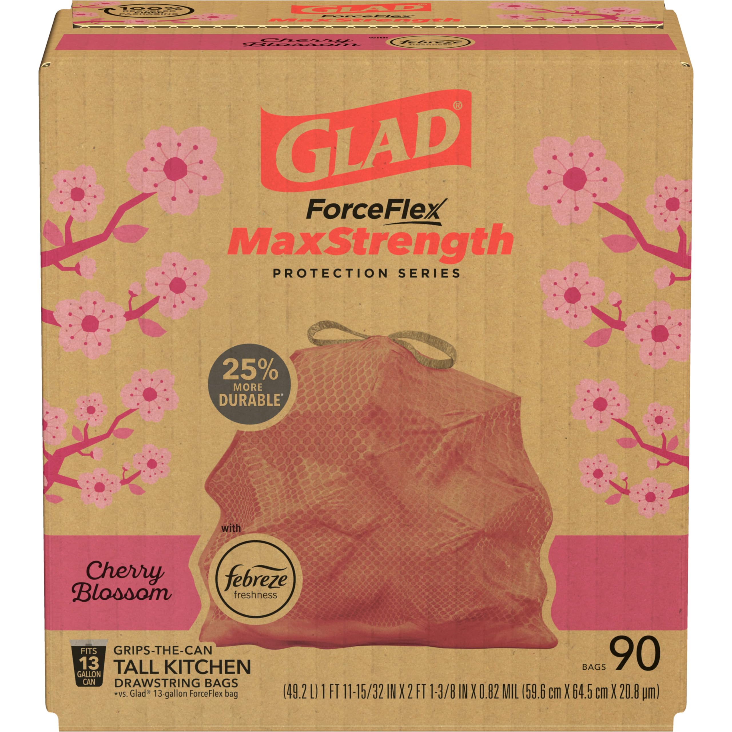 GLAD ForceFlexPlus Tall Kitchen Drawstring Trash Bags, 13 Gallon Pink Trash Bag for Kitchen Trash Can, Cherry Blossom Febreze Freshness and Leak Protection, 90 Count