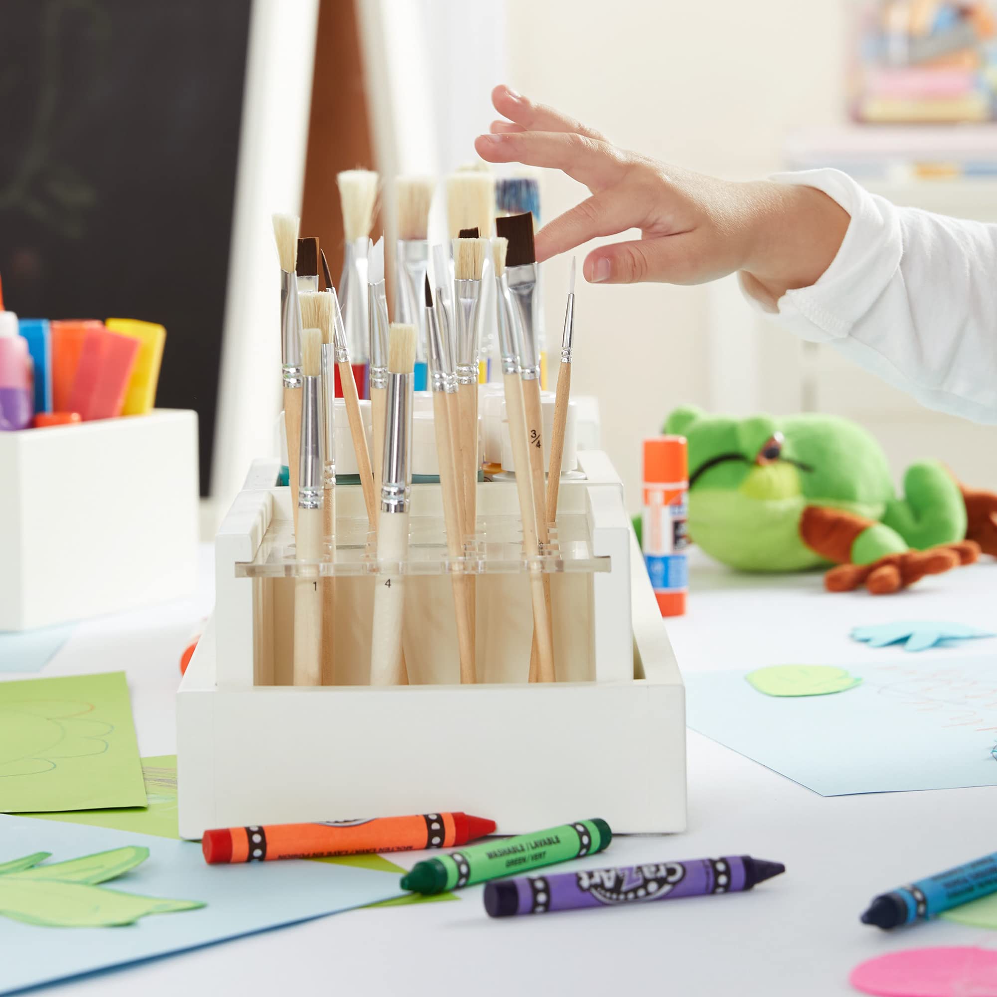 MARTHA STEWART Crafting Kids' Accessory Tray - Creamy White: Wooden Paintbrush Storage with 4 Compartments, Crayon Marker and Pencil Organizer for Desk