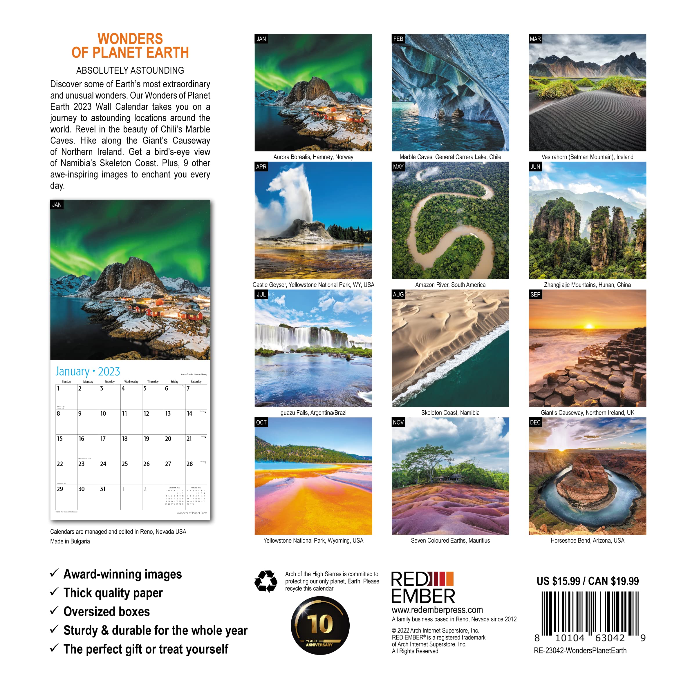 RED EMBER Wonders of Planet Earth 2023 Hangable Monthly Wall Calendar | 12" x 24" Open | Thick & Sturdy Paper | Giftable | Absolutely Astounding
