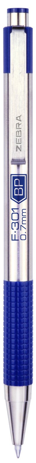 Zebra Pen F-301 Retractable Ballpoint Pen, Stainless Steel Barrel, Fine Point, 0.7mm, Blue Ink, 12-Pack