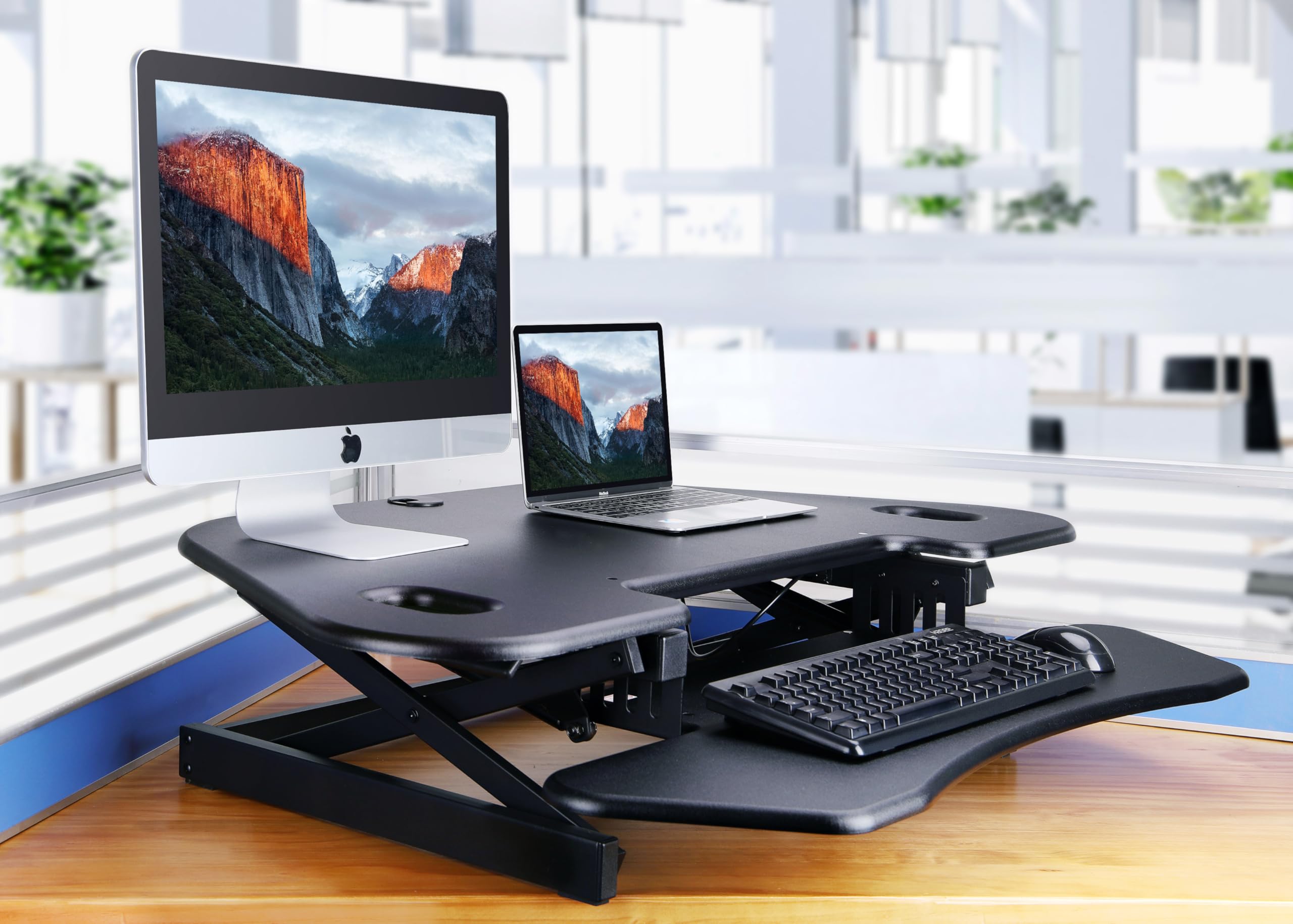 Rocelco 46" Height Adjustable Corner Standing Desk Converter, Quick Sit Standup Dual Monitor Riser, Gas Spring Assist Tabletop Computer Workstation, Large Keyboard Tray, (R CADRB-46), Black