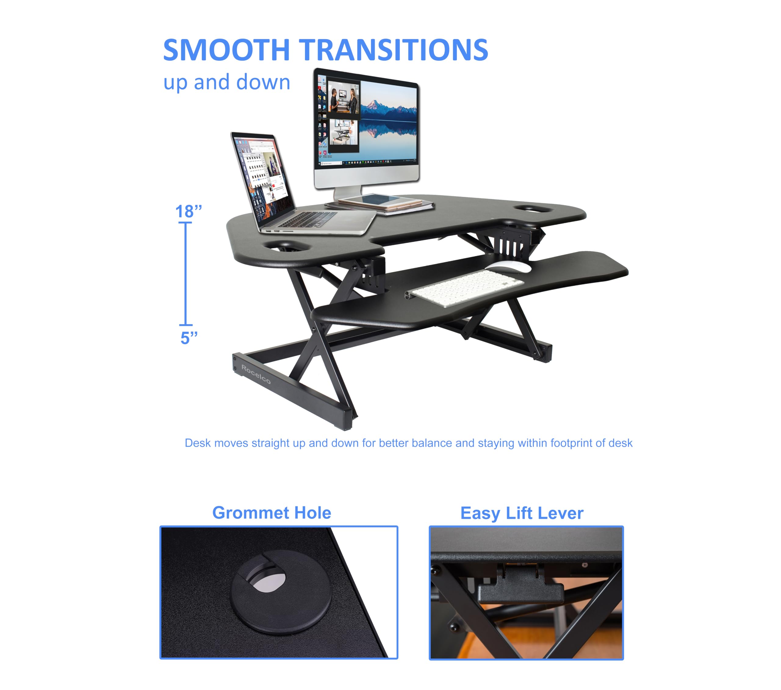 Rocelco 46" Height Adjustable Corner Standing Desk Converter, Quick Sit Standup Dual Monitor Riser, Gas Spring Assist Tabletop Computer Workstation, Large Keyboard Tray, (R CADRB-46), Black