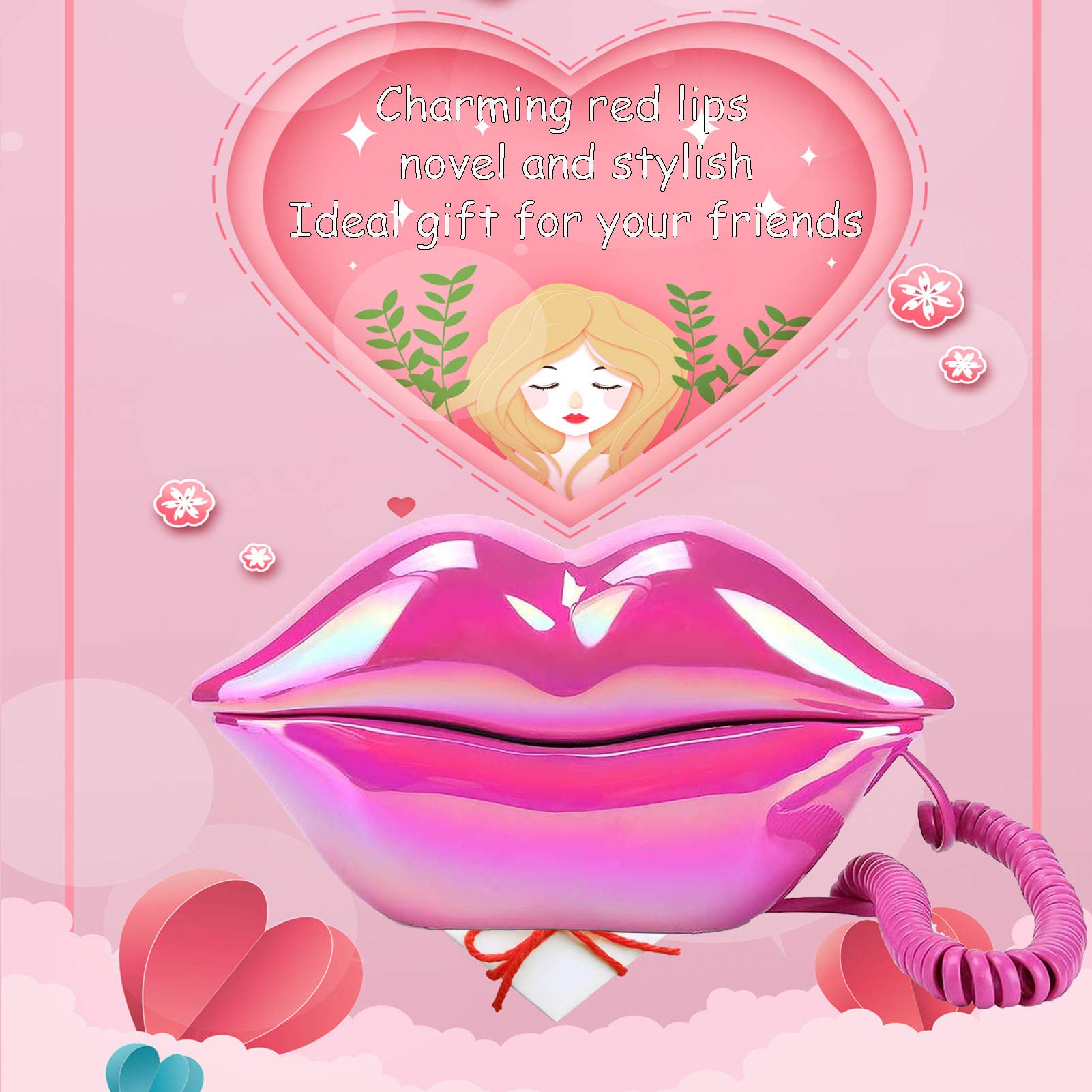 CHENJIEUS Lip Telephone, Advanced Home Telephone, Interesting Mouth Lip-Shaped Telephone, Electroplating Wire Phone Home Decoration, for Families House Phone (Electroplating Rose red)